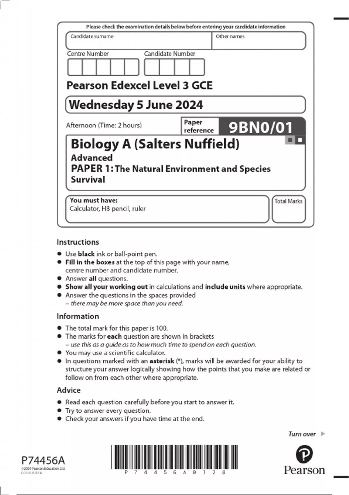 2024 GCE Pearson Edexcel Level Biology A (Salters Nuffield) Advanced ...