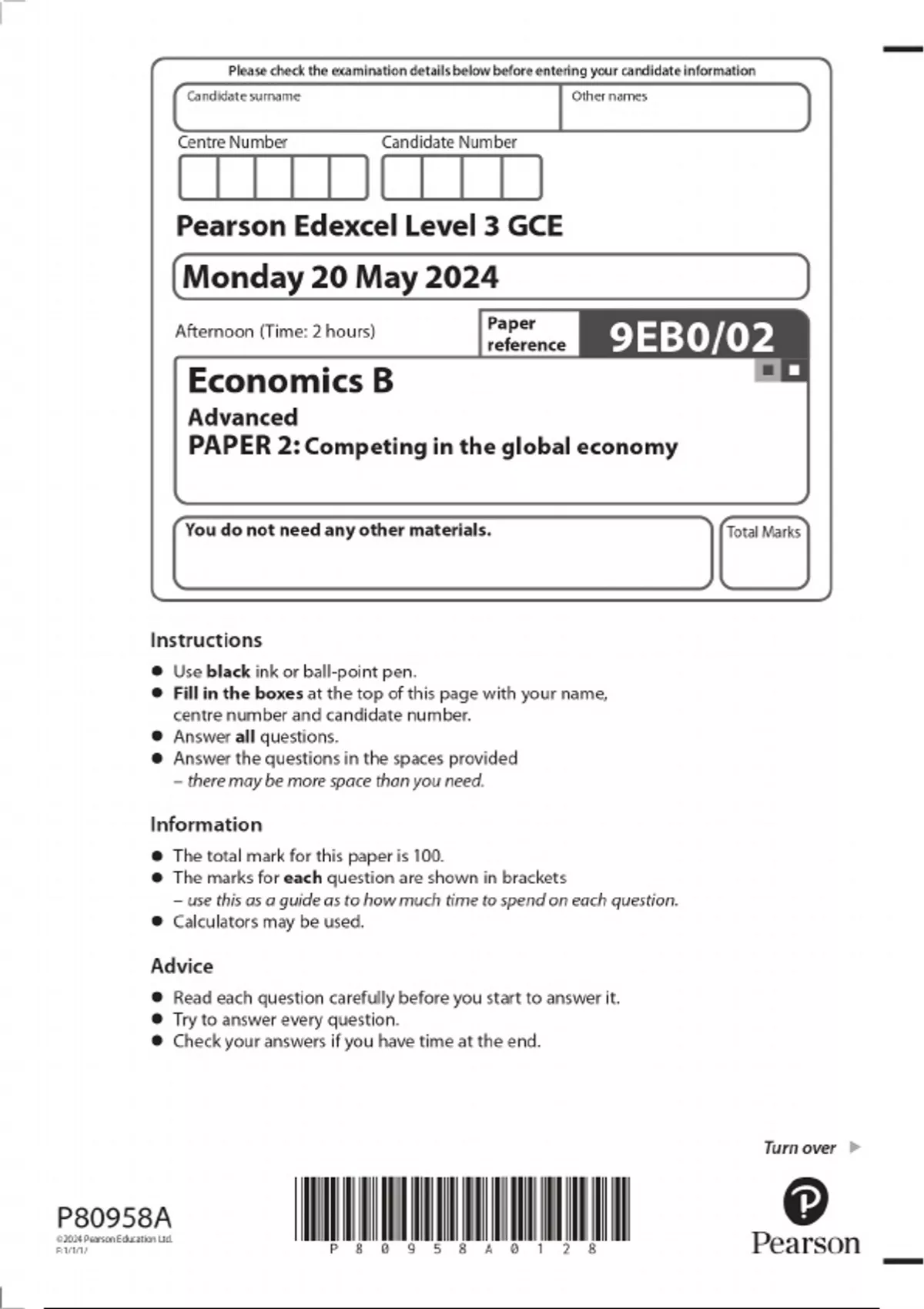 2024 GCE Pearson Edexcel Level Economics B Advanced PAPER 2: Competing ...