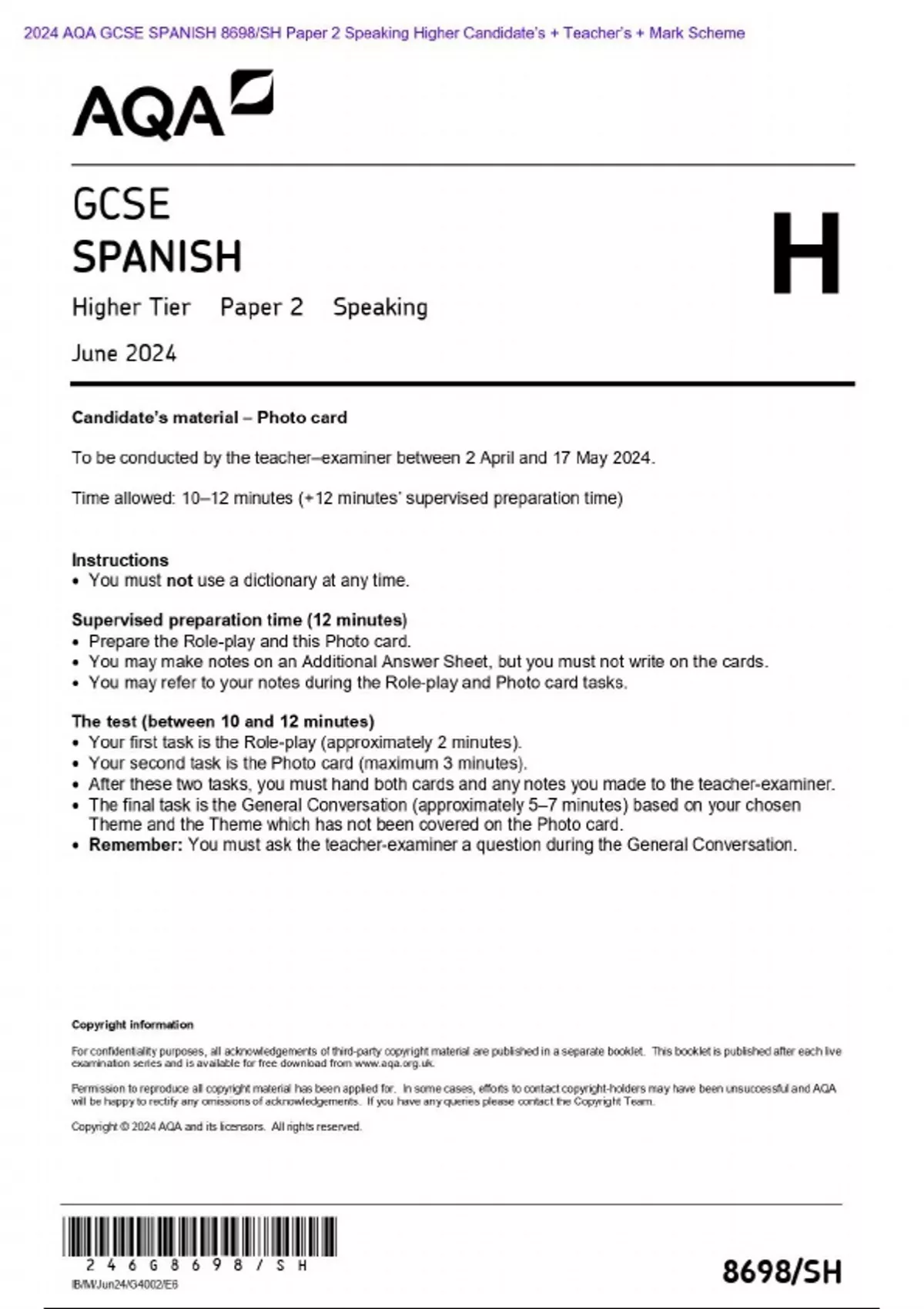 2024 AQA GCSE SPANISH 8698/SH Paper 2 Speaking Higher Candidate’s ...