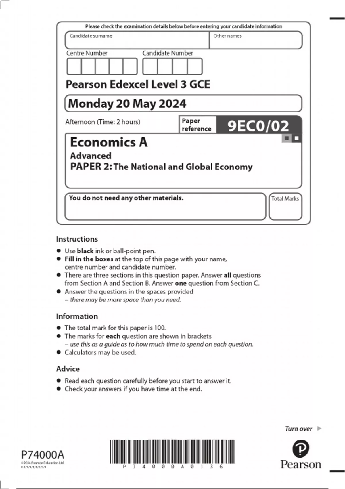 2024 GCE Pearson Edexcel Level Economics A Advanced PAPER 2: The ...