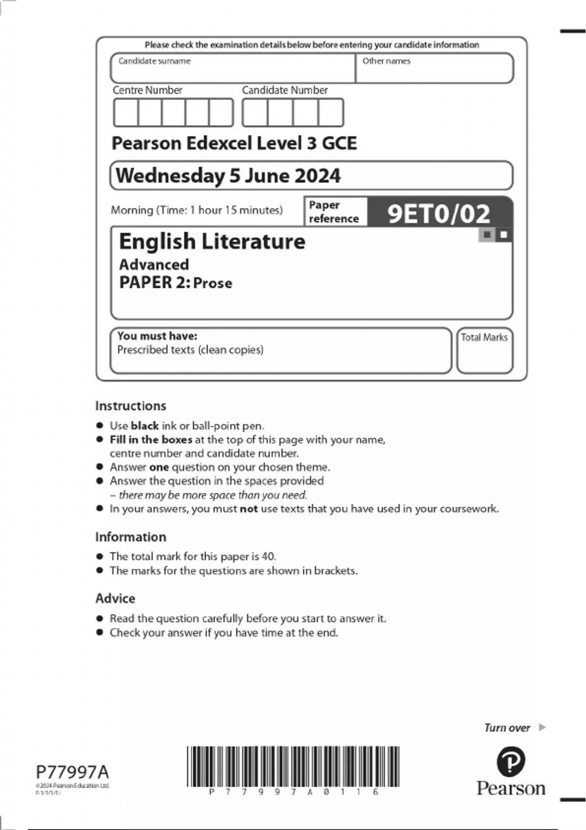 2024 GCE Pearson Edexcel Level English Literature Advanced PAPER 2 ...