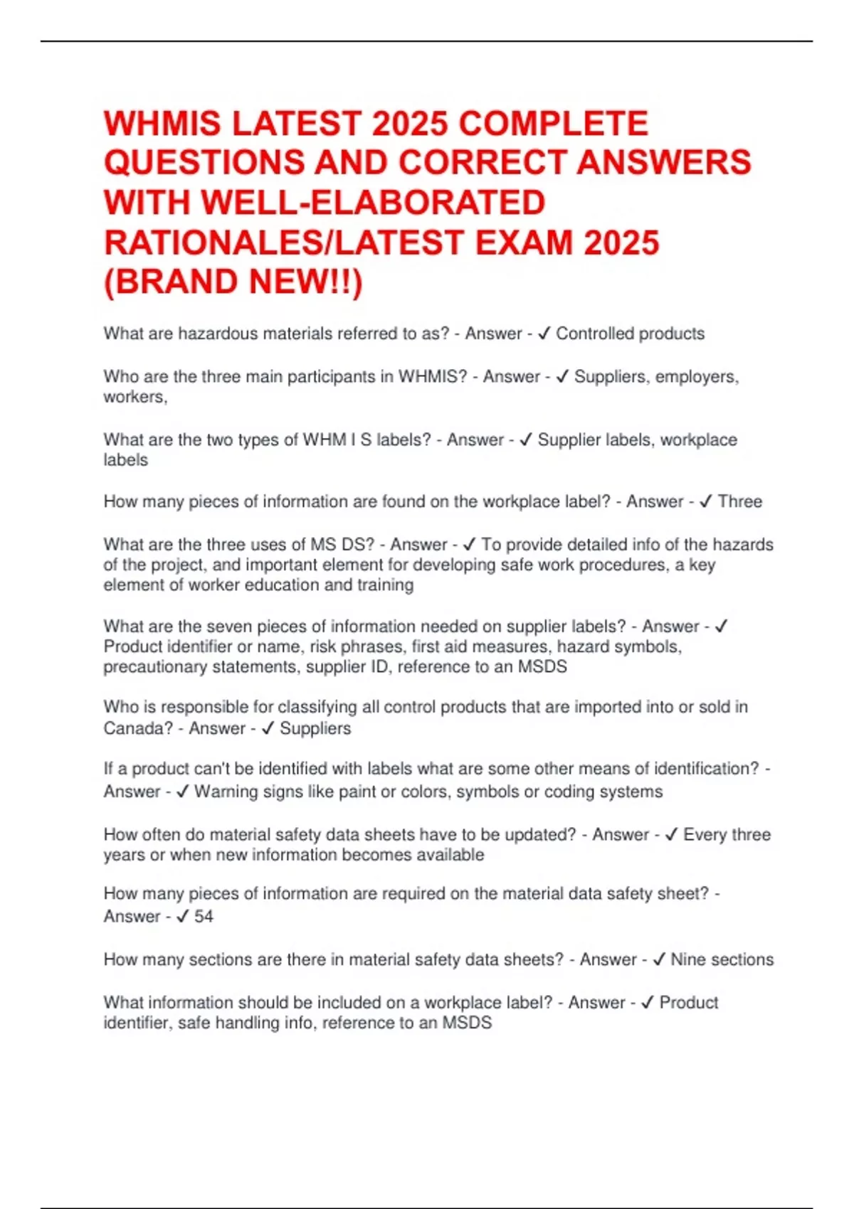 WHMIS LATEST 2025 COMPLETE QUESTIONS AND CORRECT ANSWERS WITH WELL ...