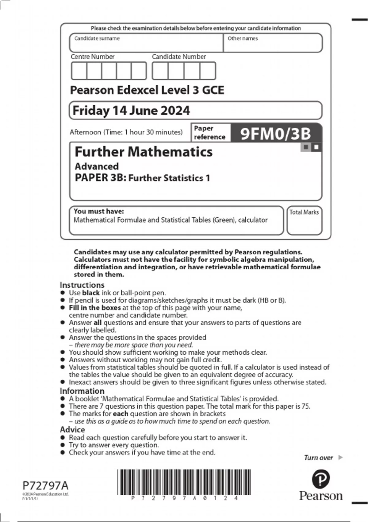 2024 GCE Pearson Edexcel Level Further Mathematics Advanced PAPER 3B ...