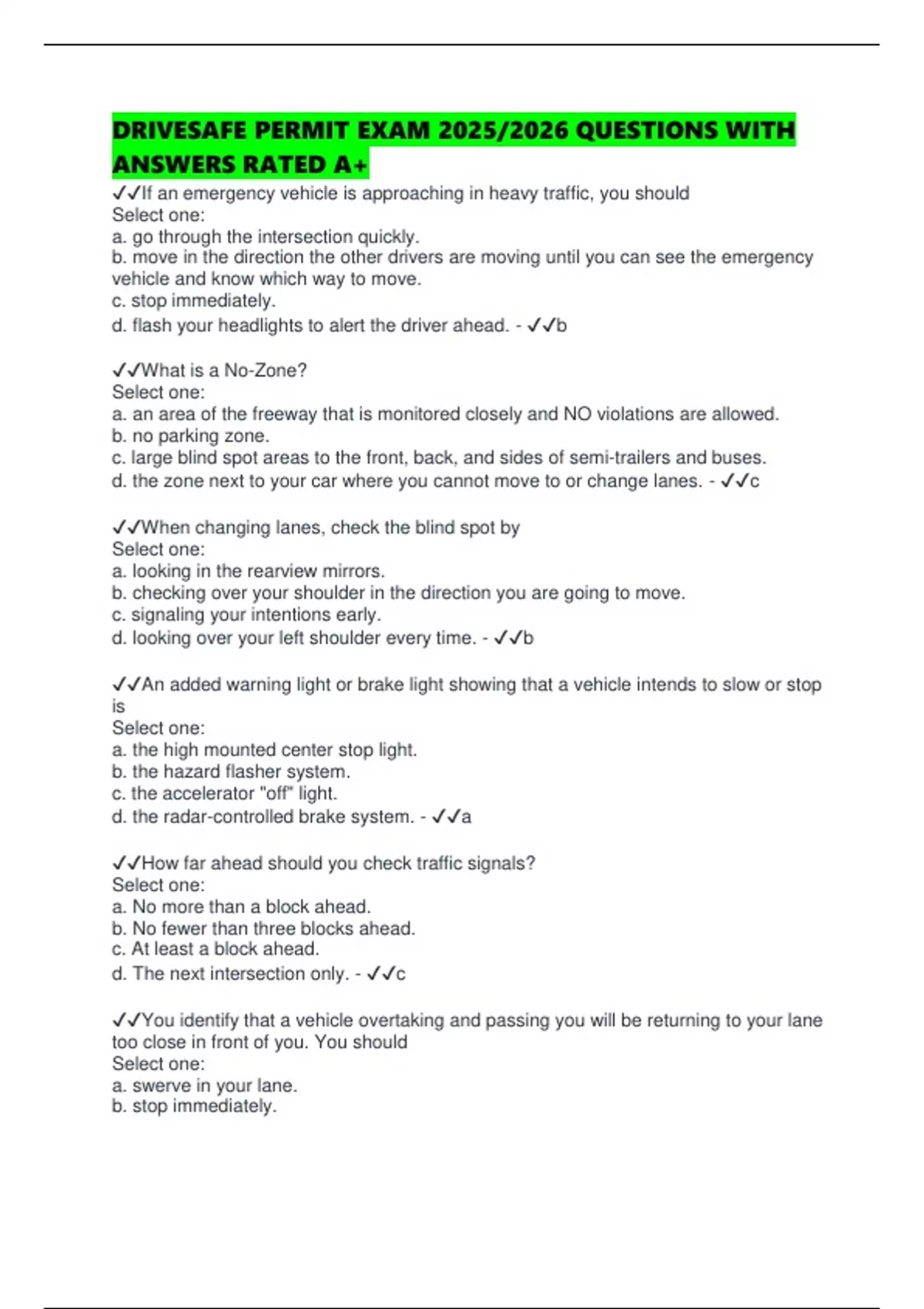 DRIVESAFE PERMIT EXAM 2025/2026 QUESTIONS WITH ANSWERS RATED A+ ...