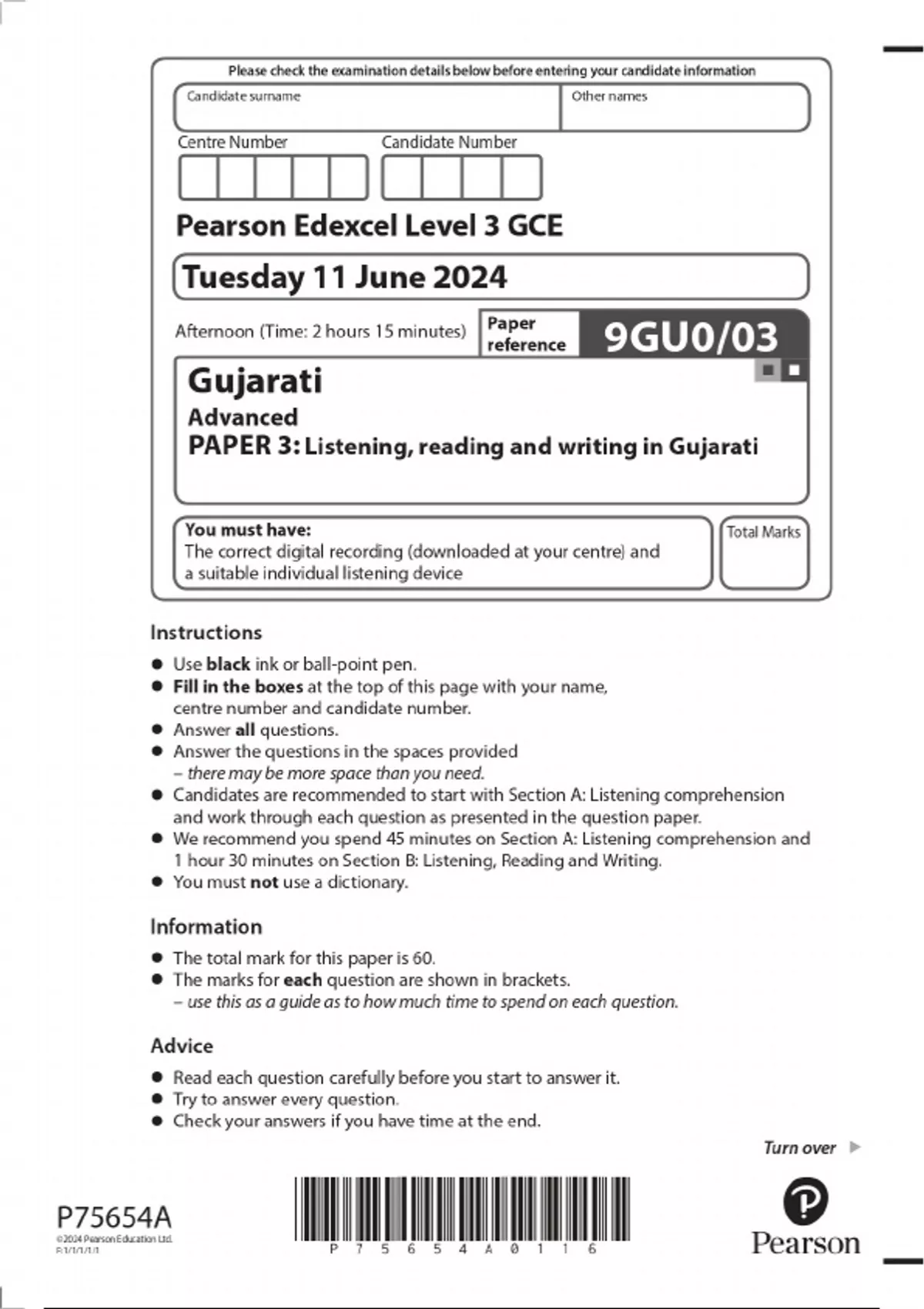 2024 GCE Pearson Edexcel Level Gujarati Advanced PAPER 3: Listening ...