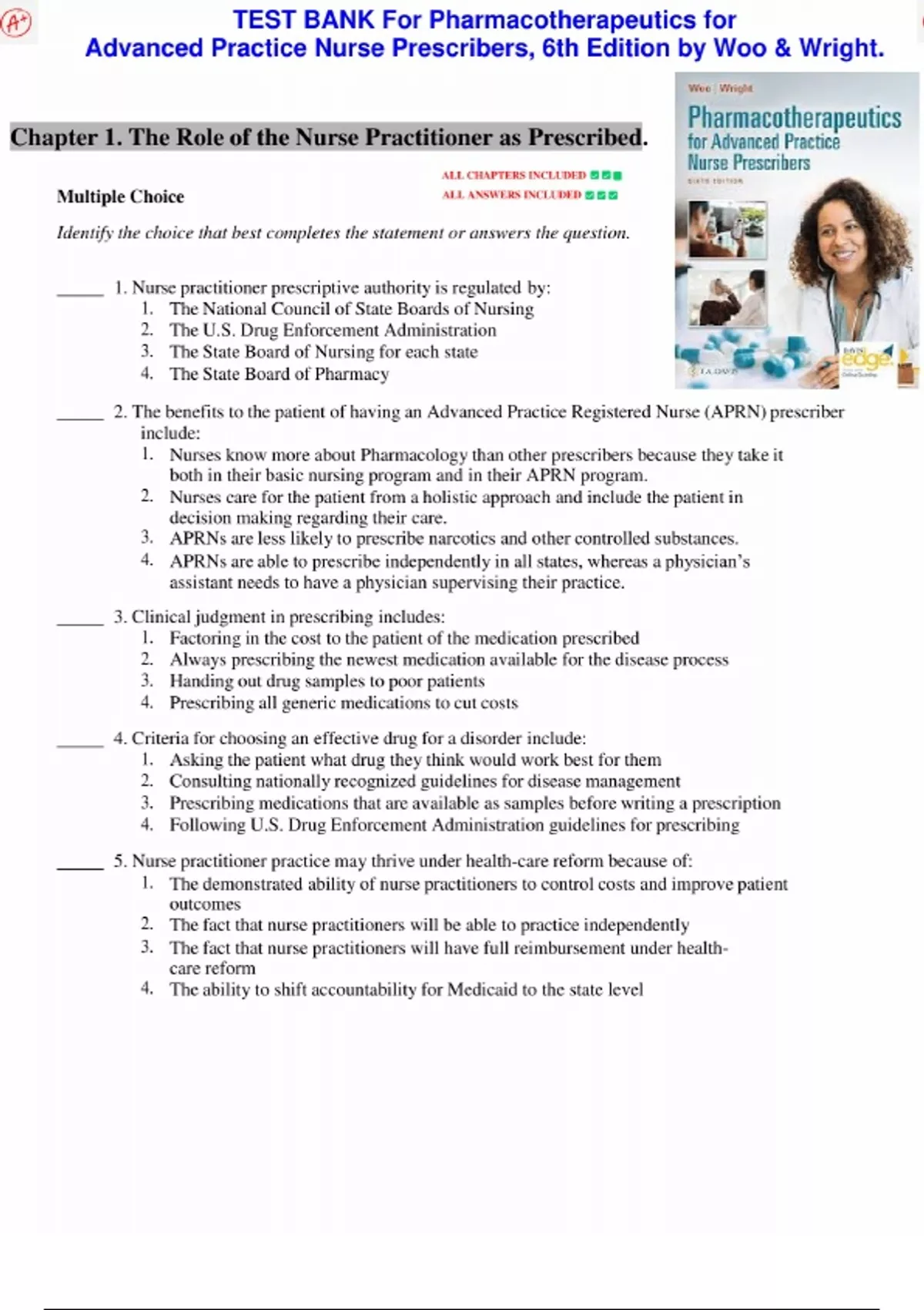 Test Bank for Pharmacotherapeutics for Advanced Practice Nurse ...