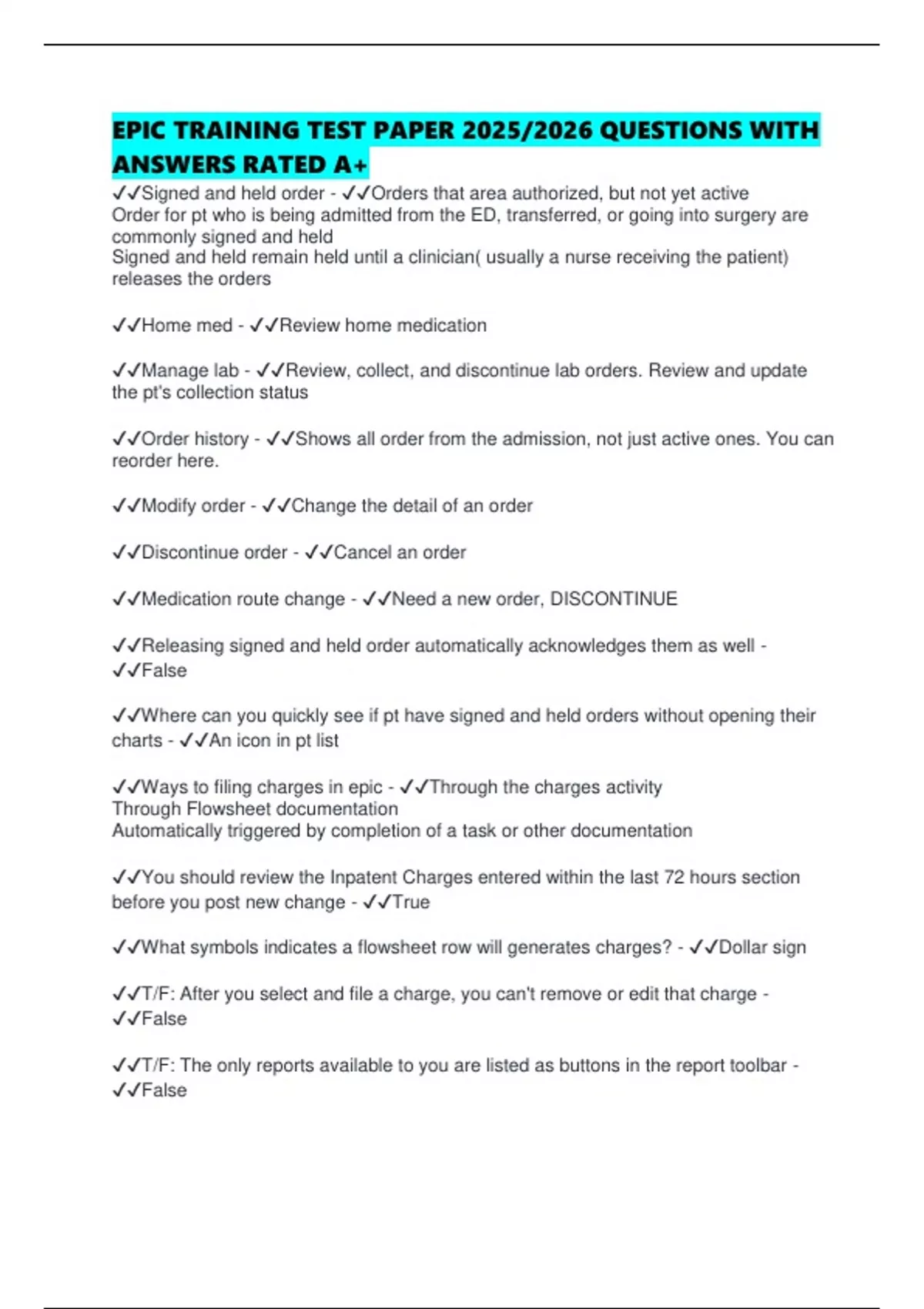 EPIC TRAINING TEST PAPER 2025/2026 QUESTIONS WITH ANSWERS RATED A+ ...