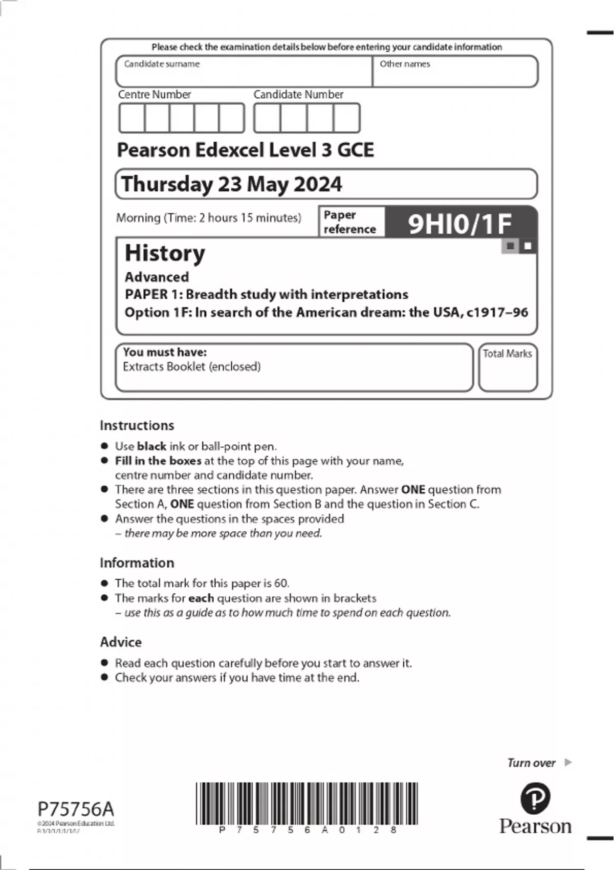 GCE Pearson Edexcel Level History Advanced PAPER 1: Breadth study with ...