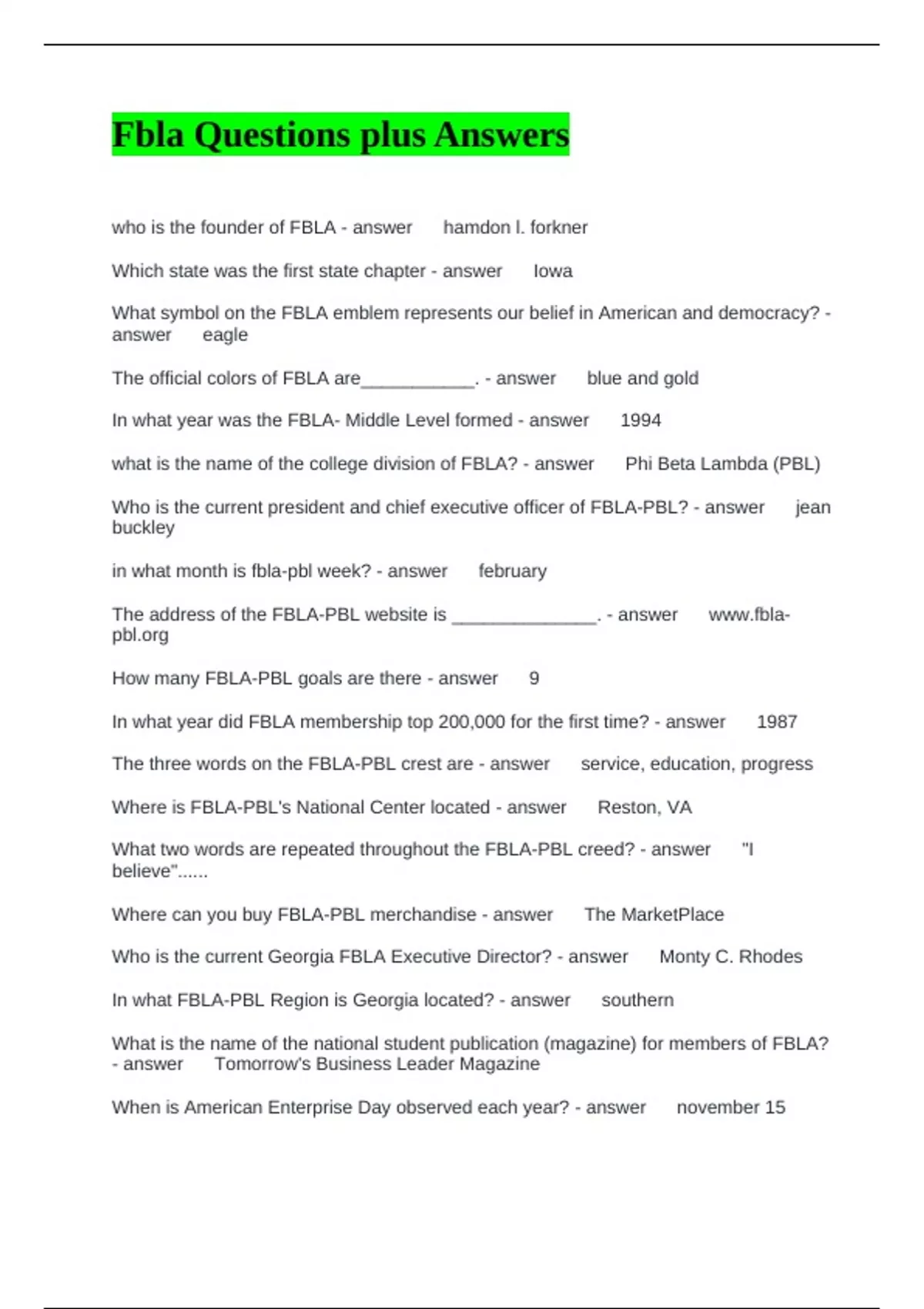 Fbla Questions plus Answers - FBLA - Stuvia US