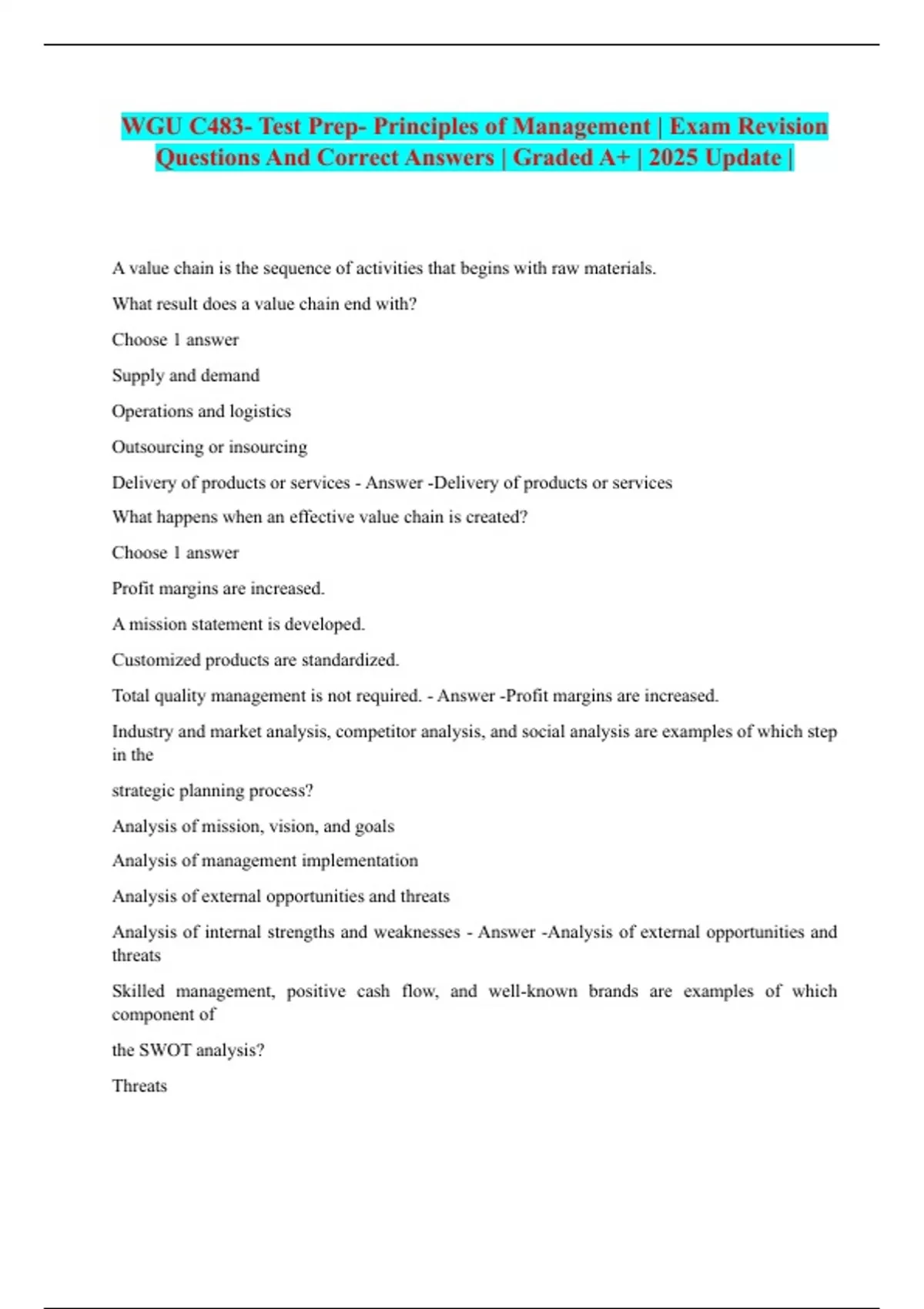 WGU C483- Test Prep- Principles of Management | Exam Revision Questions ...