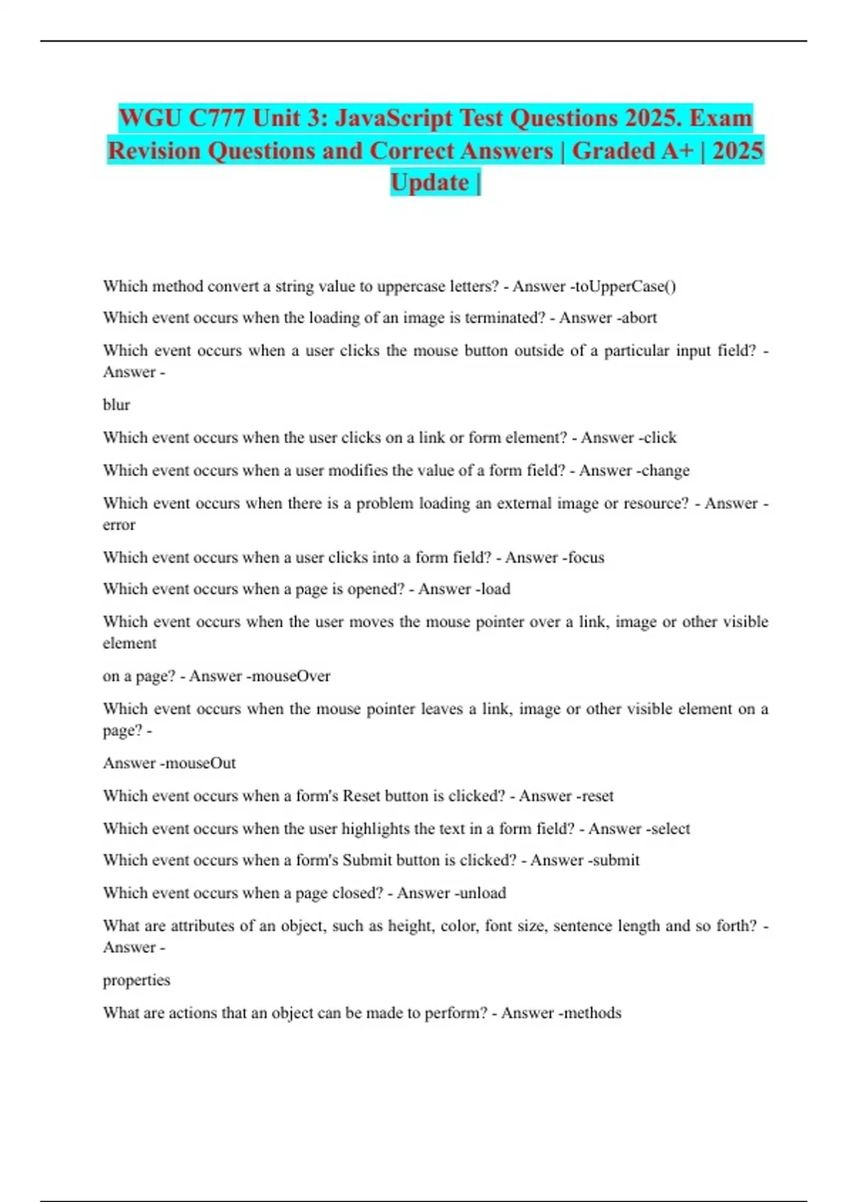 WGU C777 Unit 3: JavaScript Test Questions 2025. Exam Revision ...