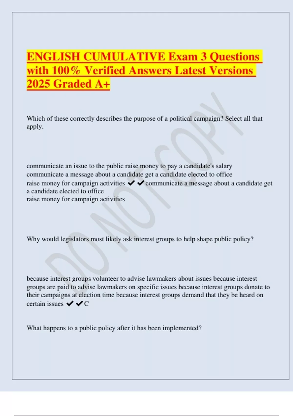 ENGLISH CUMULATIVE Exam 3 Questions with 100- Verified Answers Latest ...