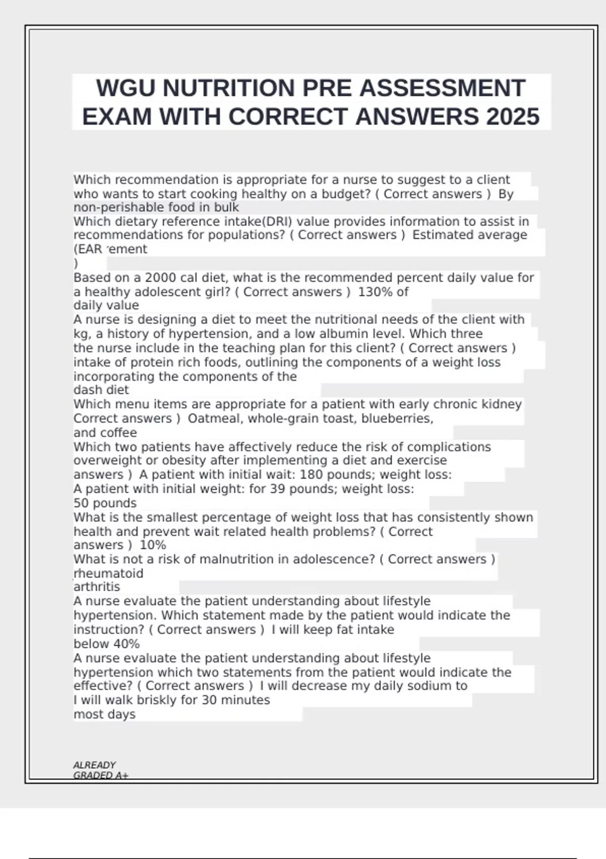 WGU NUTRITION PRE ASSESSMENT EXAM WITH CORRECT ANSWERS 2025 - WGU ...