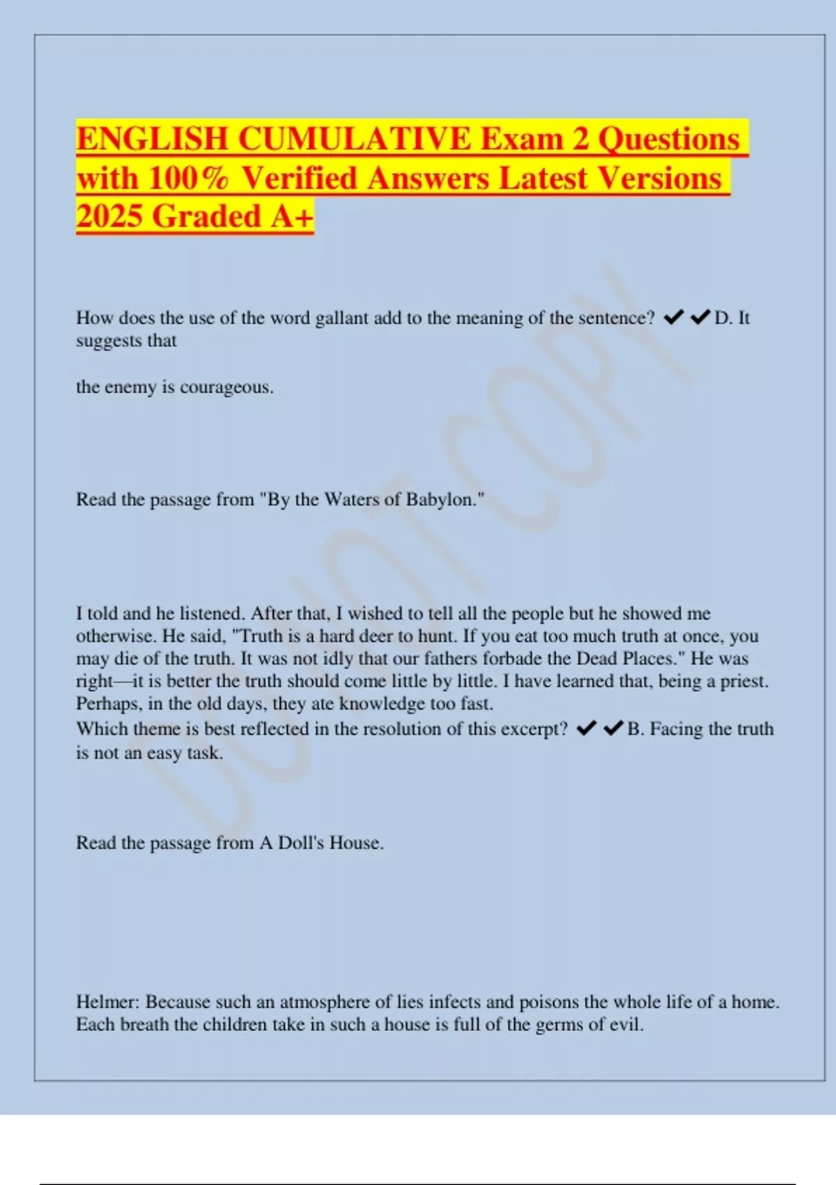 ENGLISH CUMULATIVE Exam 2 Questions with 100- Verified Answers Latest ...