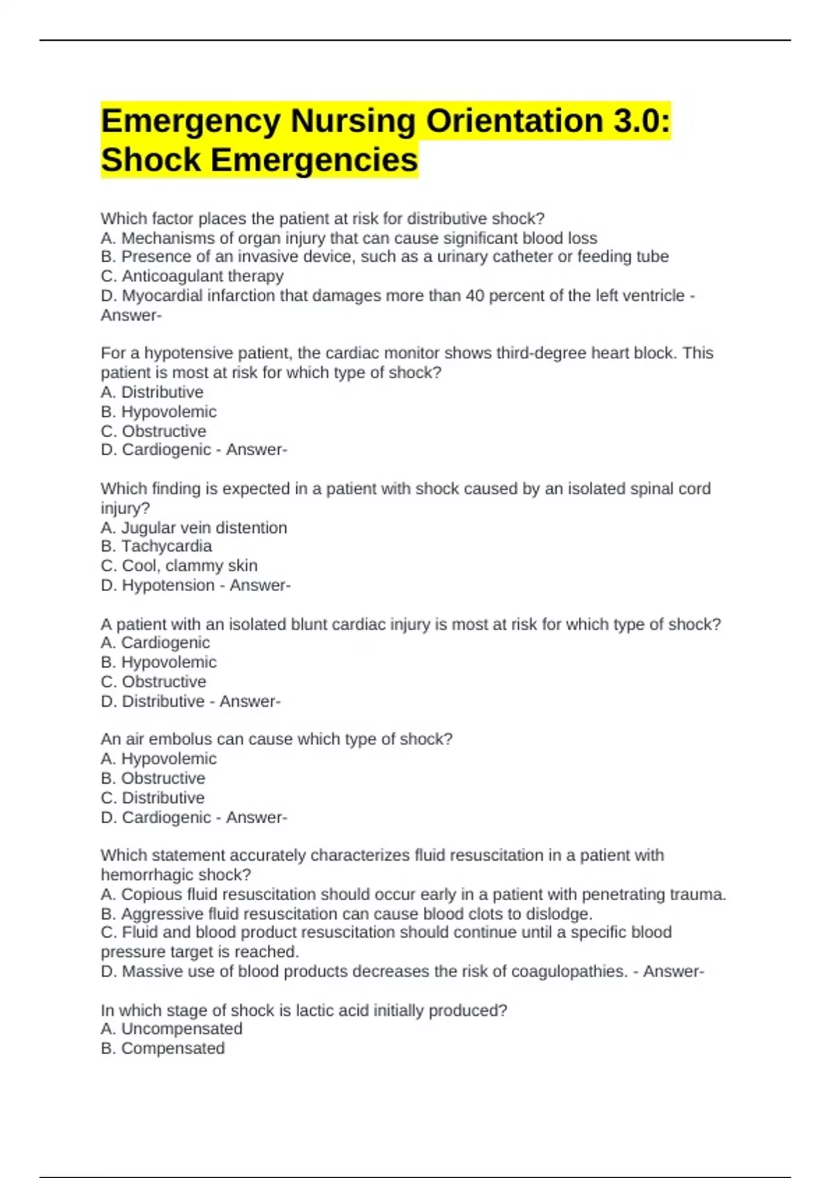 Emergency Nursing Orientation 3.0: Shock Emergencies Exam Questions and ...