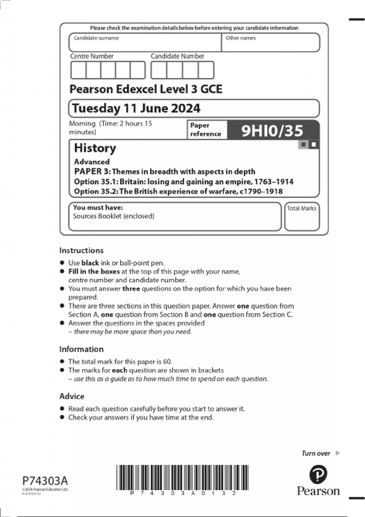2024 GCE Pearson Edexcel Level History Advanced PAPER 3: Themes in ...