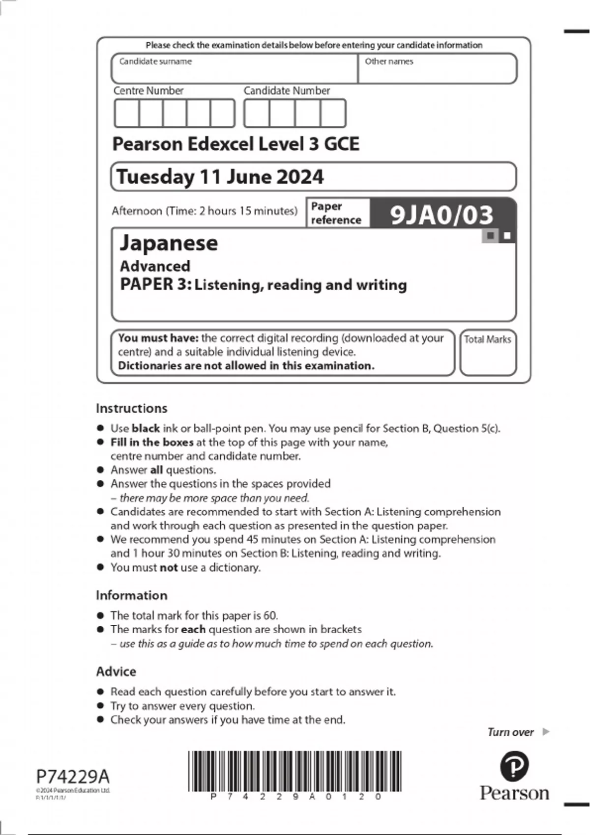 2024 GCE Pearson Edexcel Level Japanese Advanced PAPER 3: Listening ...