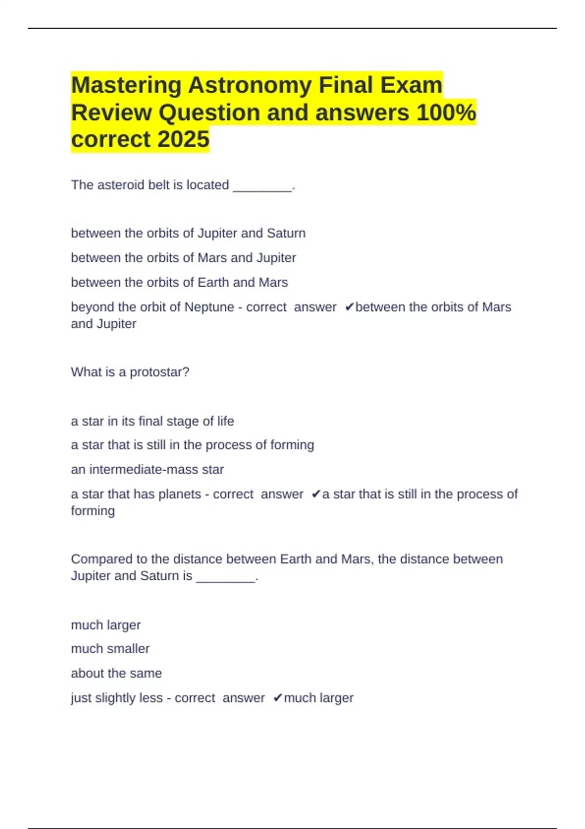 Mastering Astronomy Final Exam Review Question and answers 100% correct 2025 - Mastering ...