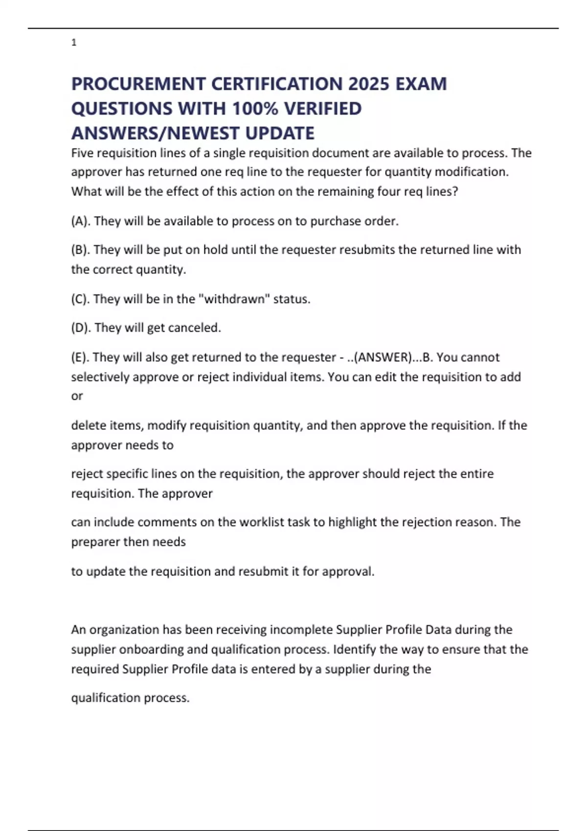 PROCUREMENT CERTIFICATION 2025 EXAM QUESTIONS WITH 100% VERIFIED ...