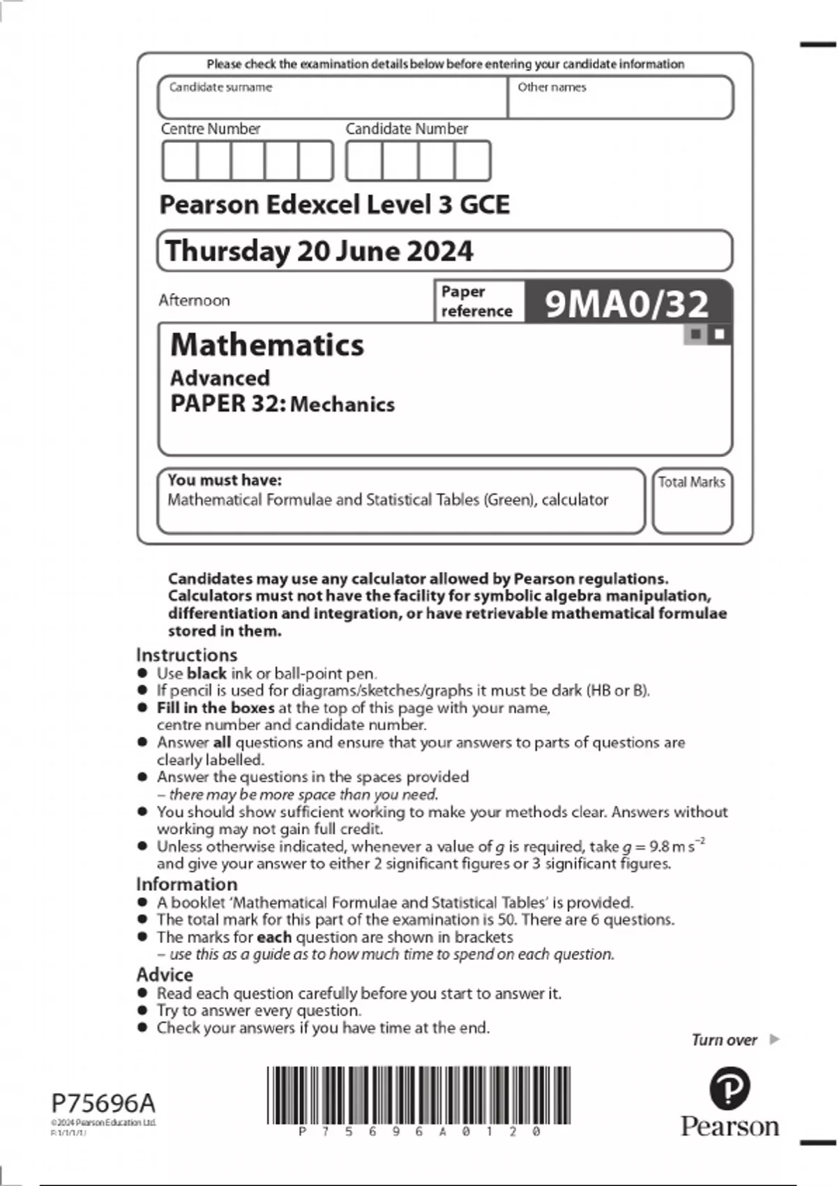 2024 GCE Pearson Edexcel Level Mathematics Advanced PAPER 32: Mechanics ...