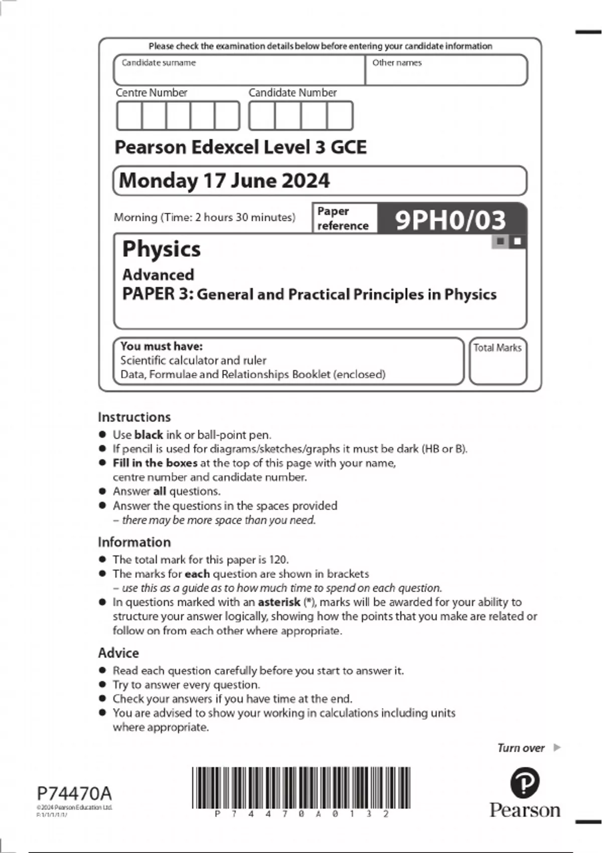 2024 GCE Pearson Edexcel Level Physics Advanced PAPER 3: General and ...