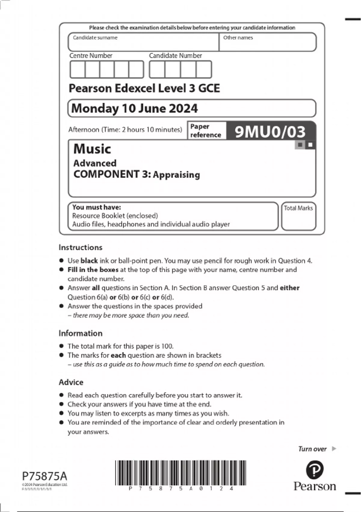 2024 GCE Pearson Edexcel Level Music Advanced COMPONENT 3: Appraising ...