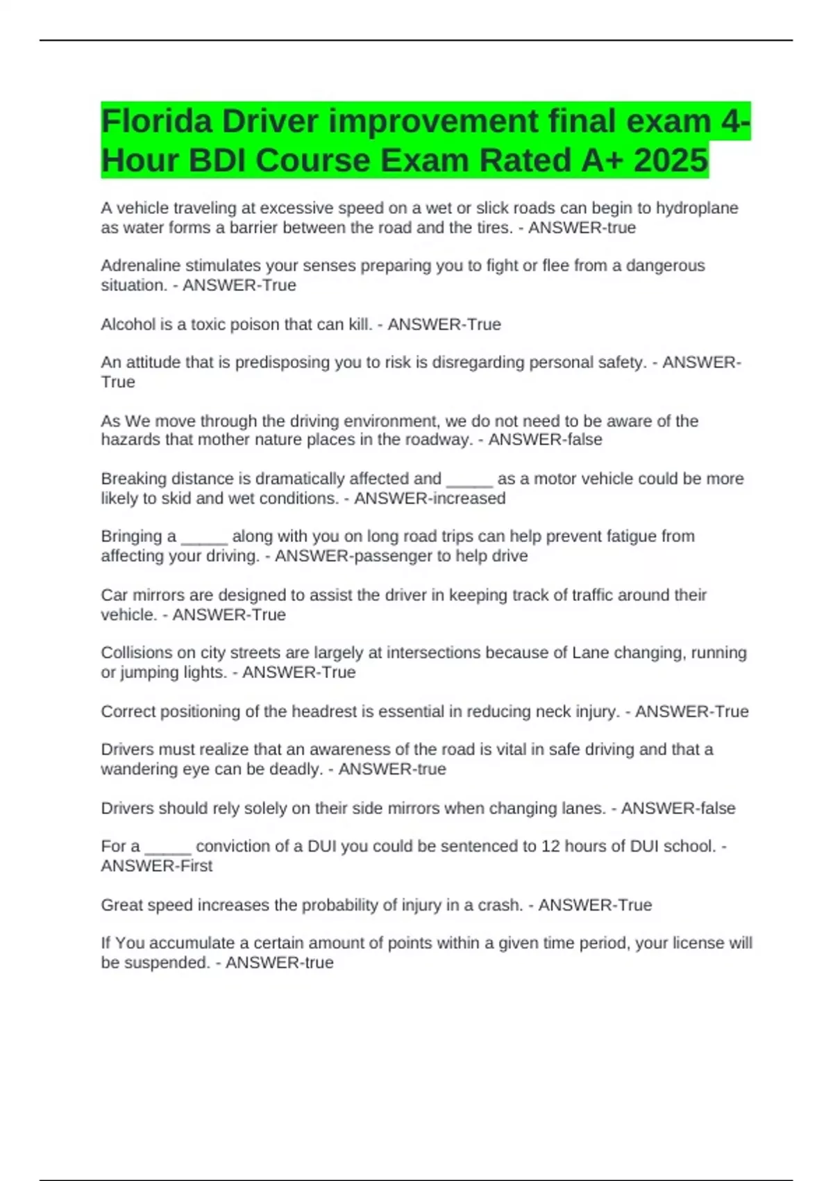 Florida Driver improvement final exam 4-Hour BDI Course Exam Rated A+ ...