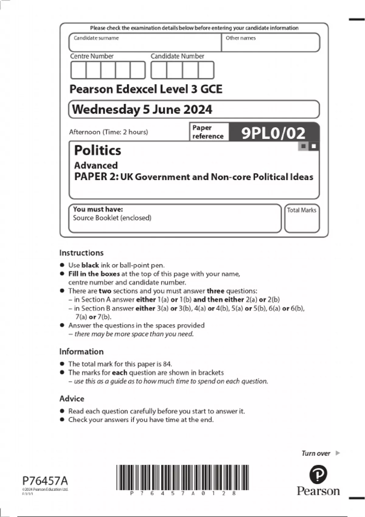 2024 GCE Pearson Edexcel Level Politics Advanced PAPER 2: UK Government ...