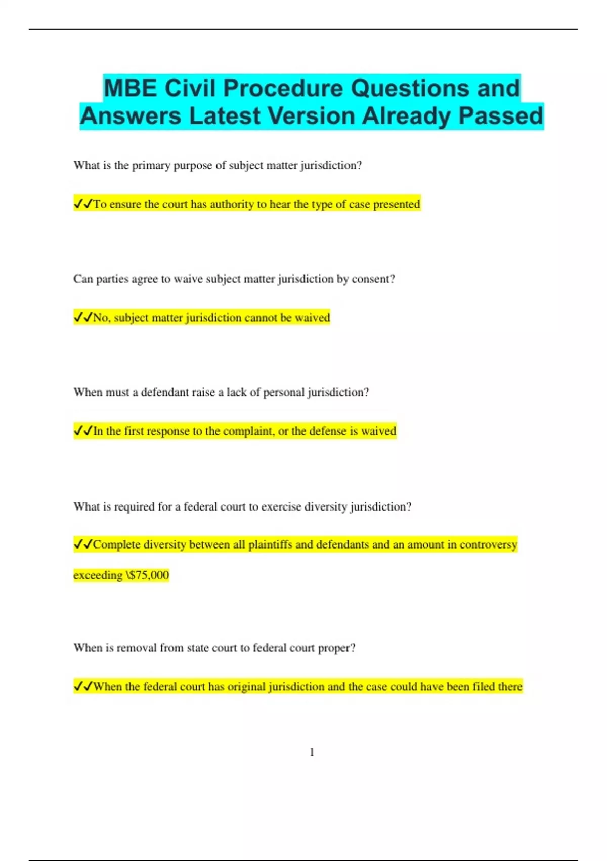 MBE Civil Procedure Questions and Answers Latest Version Already Passed ...