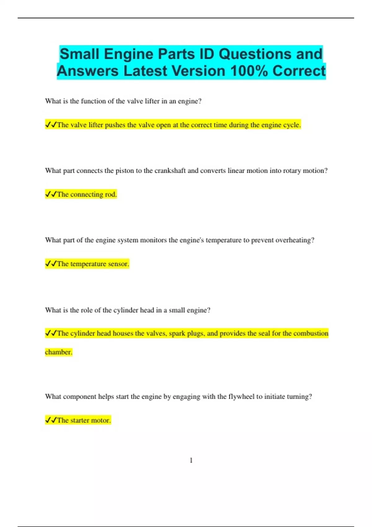 Small Engine Parts ID Questions and Answers Latest Version 100% Correct ...