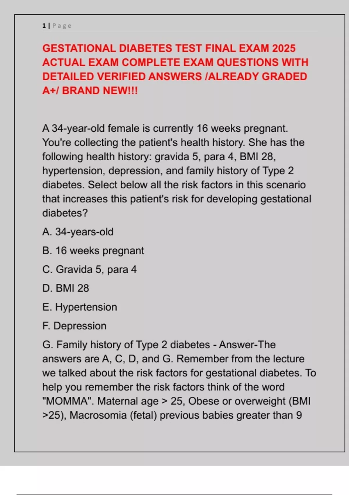 GESTATIONAL DIABETES TEST FINAL EXAM 2025 ACTUAL EXAM COMPLETE EXAM ...