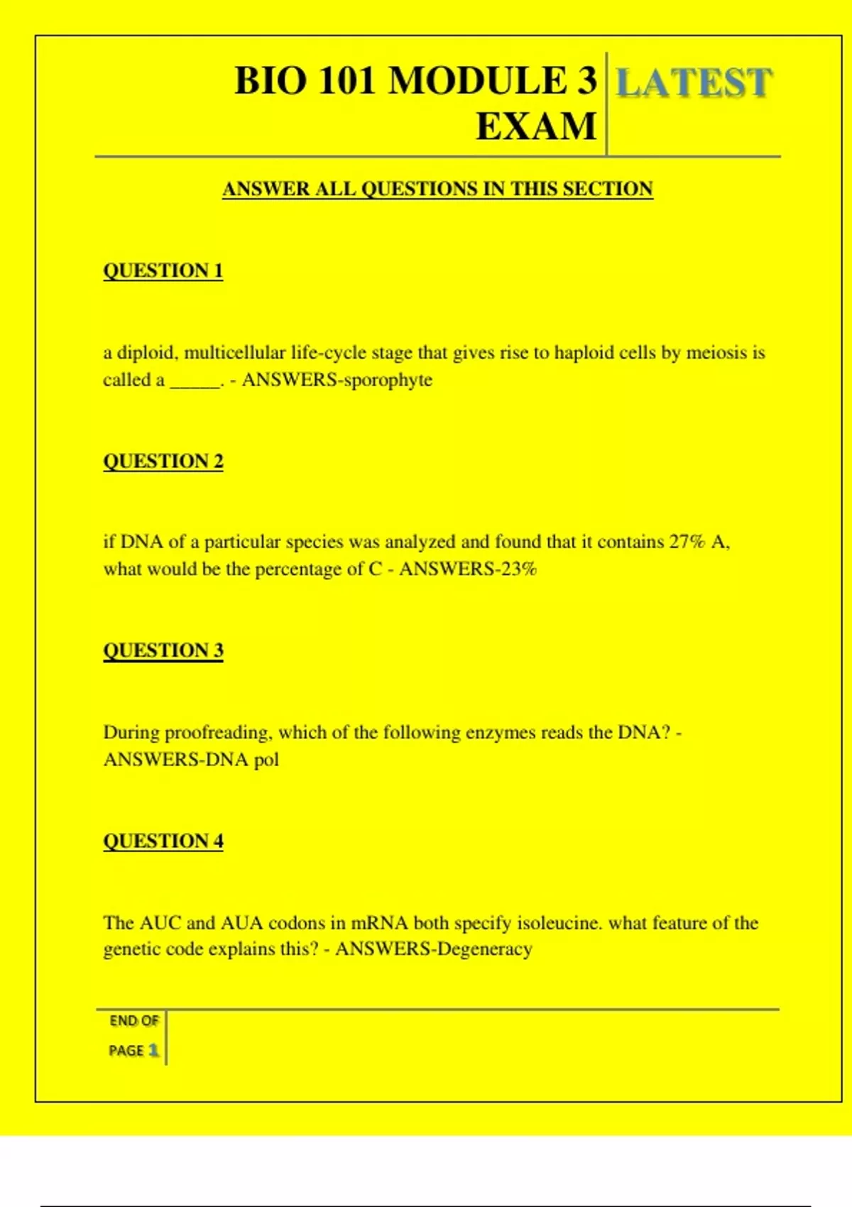 BIO 101 MODULE 3 EXAM QUESTIONS AND ANSWERS 2025 - BIO 101 MODULE 3 ...