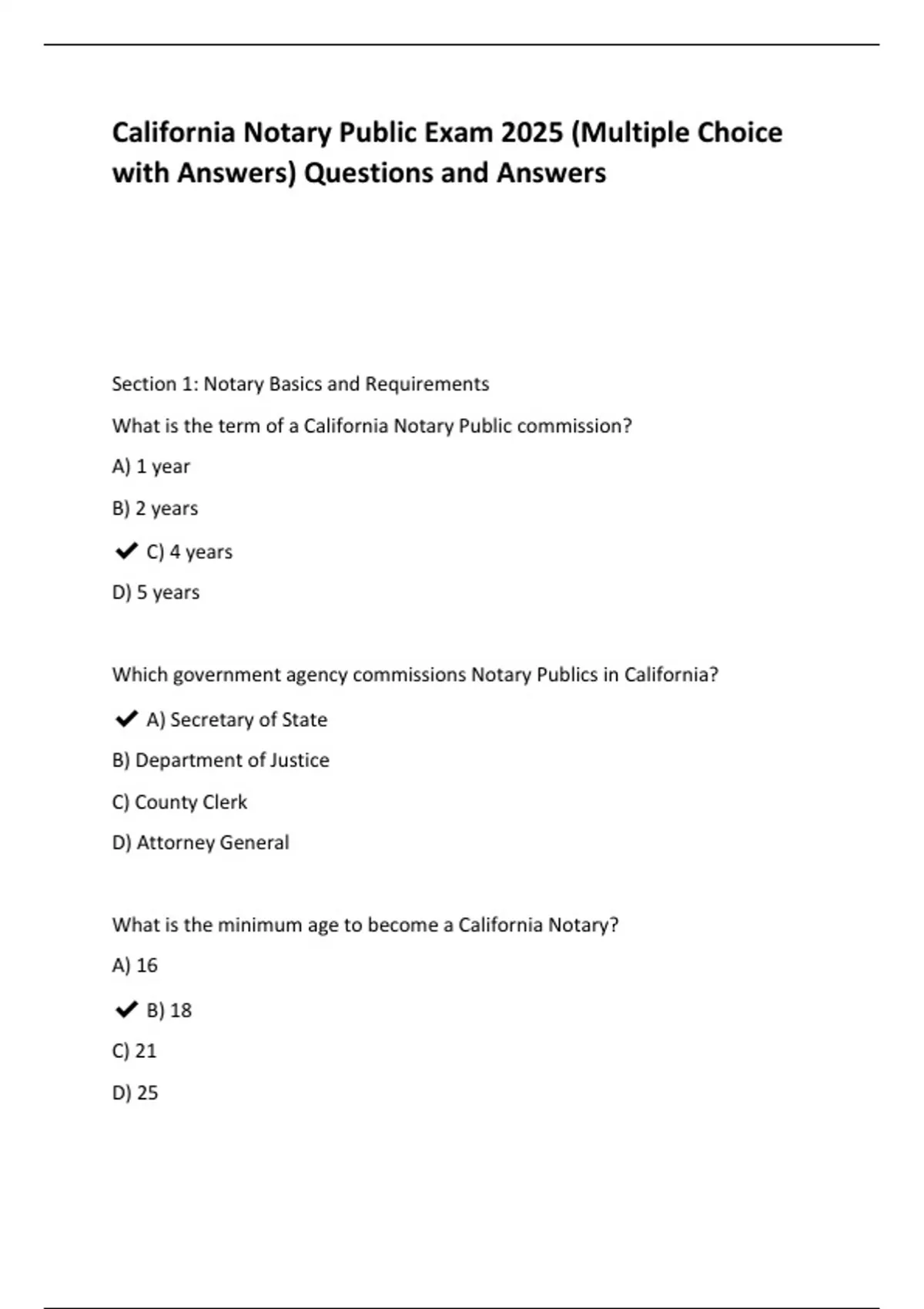 California Notary Public Exam 2025 (Multiple Choice with Answers ...