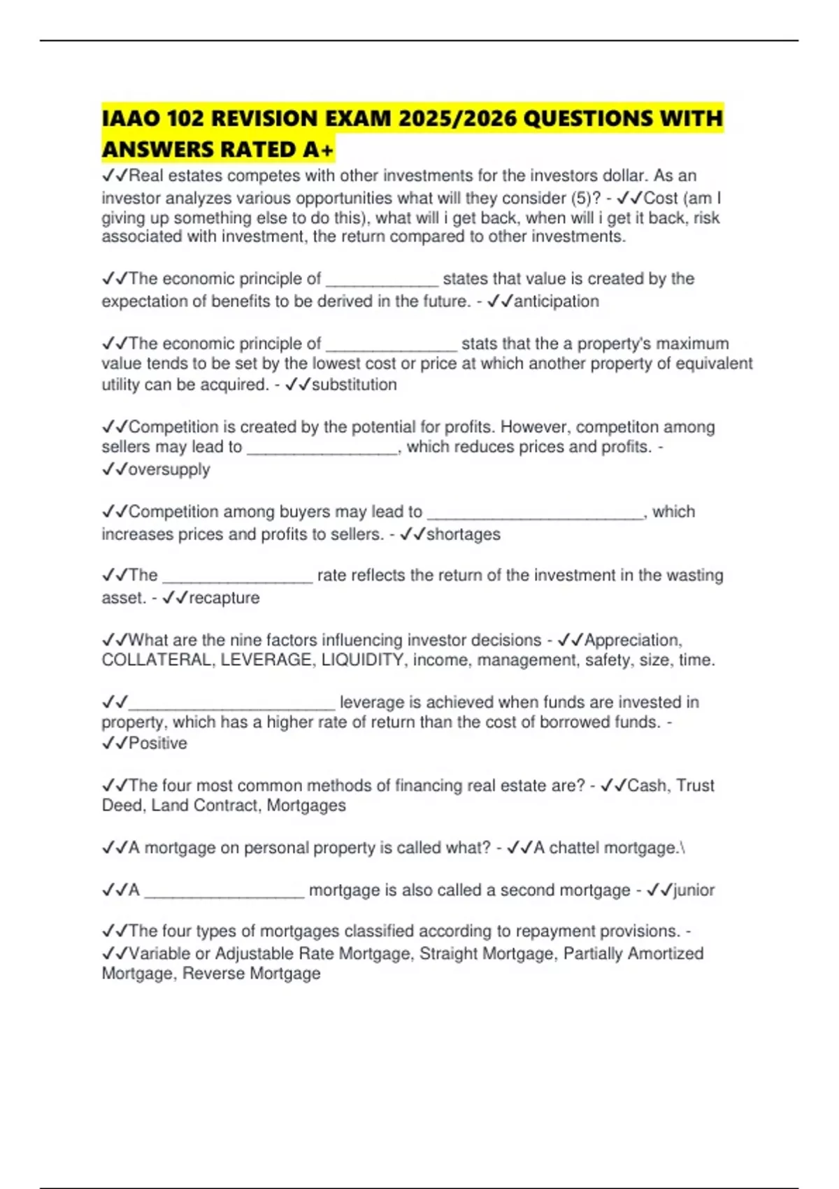 IAAO 102 REVISION EXAM 2025/2026 QUESTIONS WITH ANSWERS RATED A+ - IAAO ...