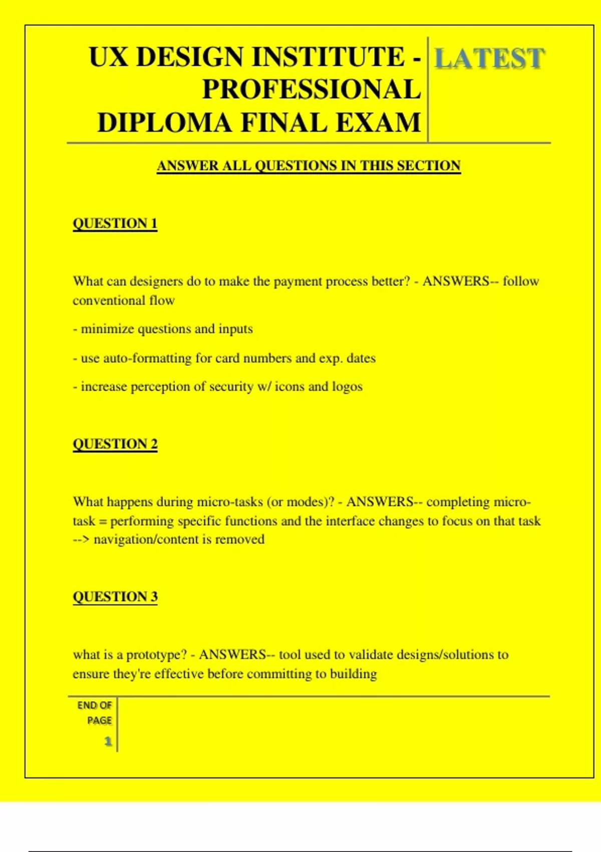 UX DESIGN INSTITUTE - PROFESSIONAL DIPLOMA FINAL EXAM QUESTIONS AND ...