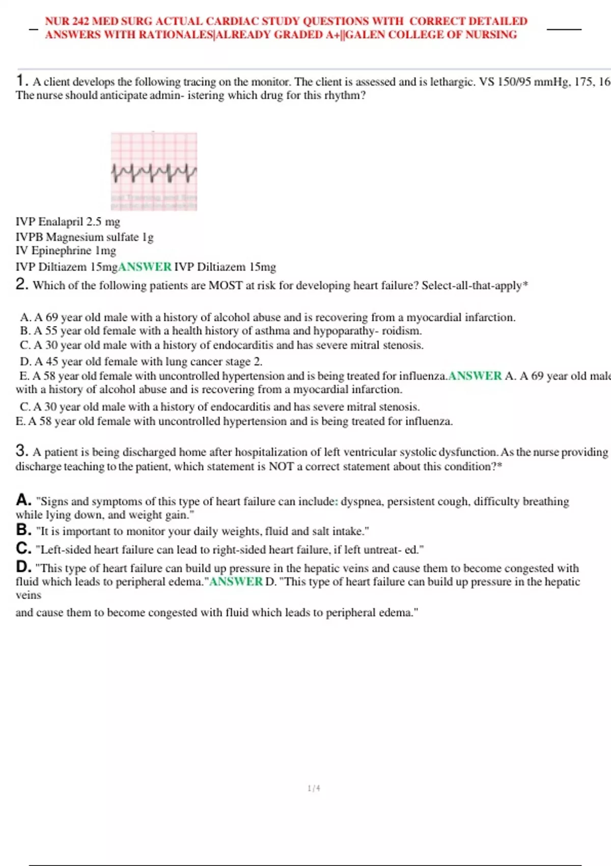 NUR 242 MED SURG ACTUAL CARDIAC STUDY QUESTIONS WITH CORRECT DETAILED ...