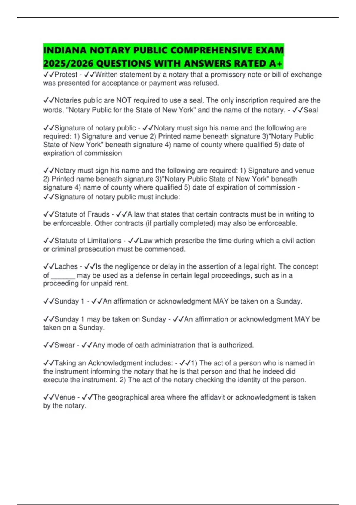 INDIANA NOTARY PUBLIC COMPREHENSIVE EXAM 2025/2026 QUESTIONS WITH ...