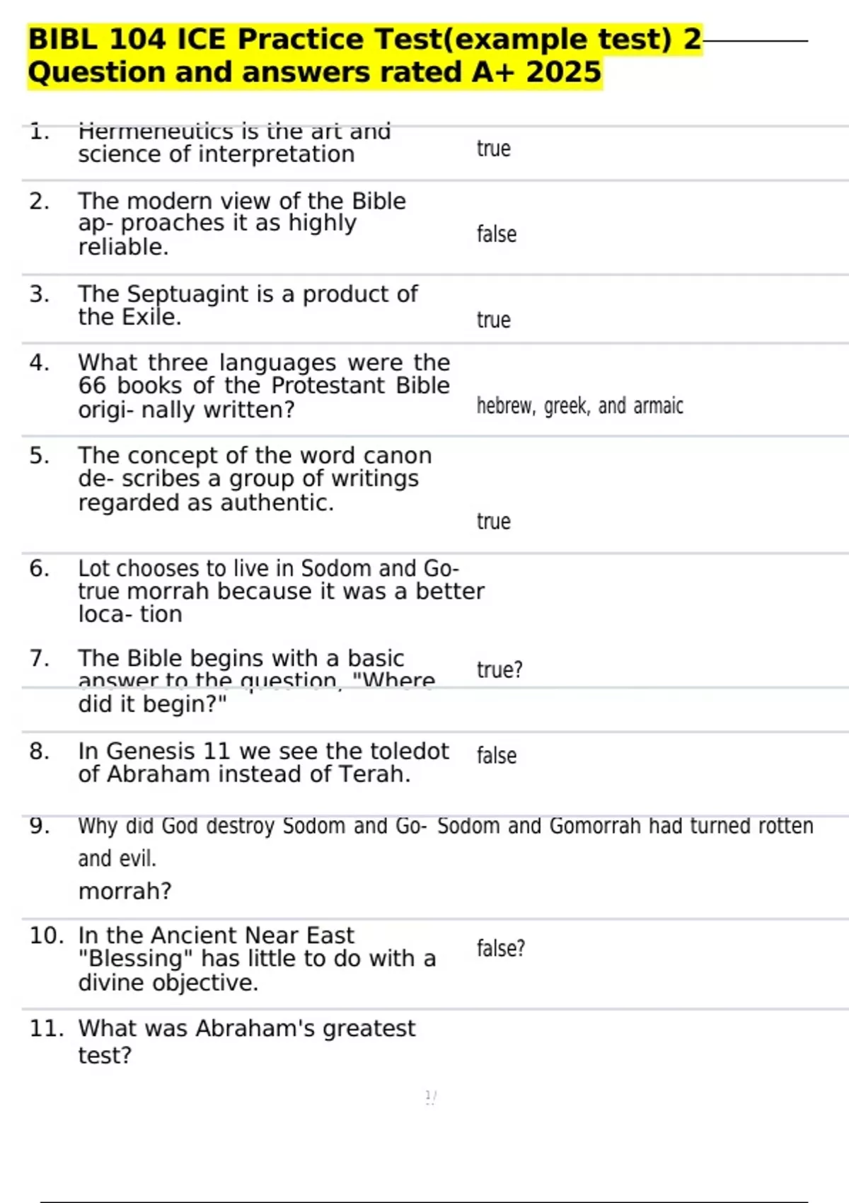 BIBL 104 ICE Practice Test(example test) 2 Question and answers rated ...
