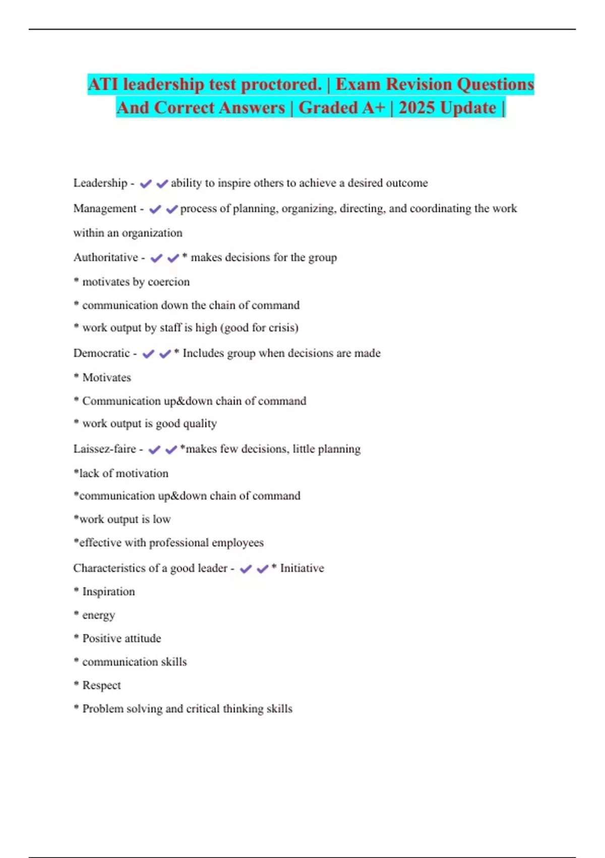 ATI leadership test proctored. | Exam Revision Questions And Correct ...