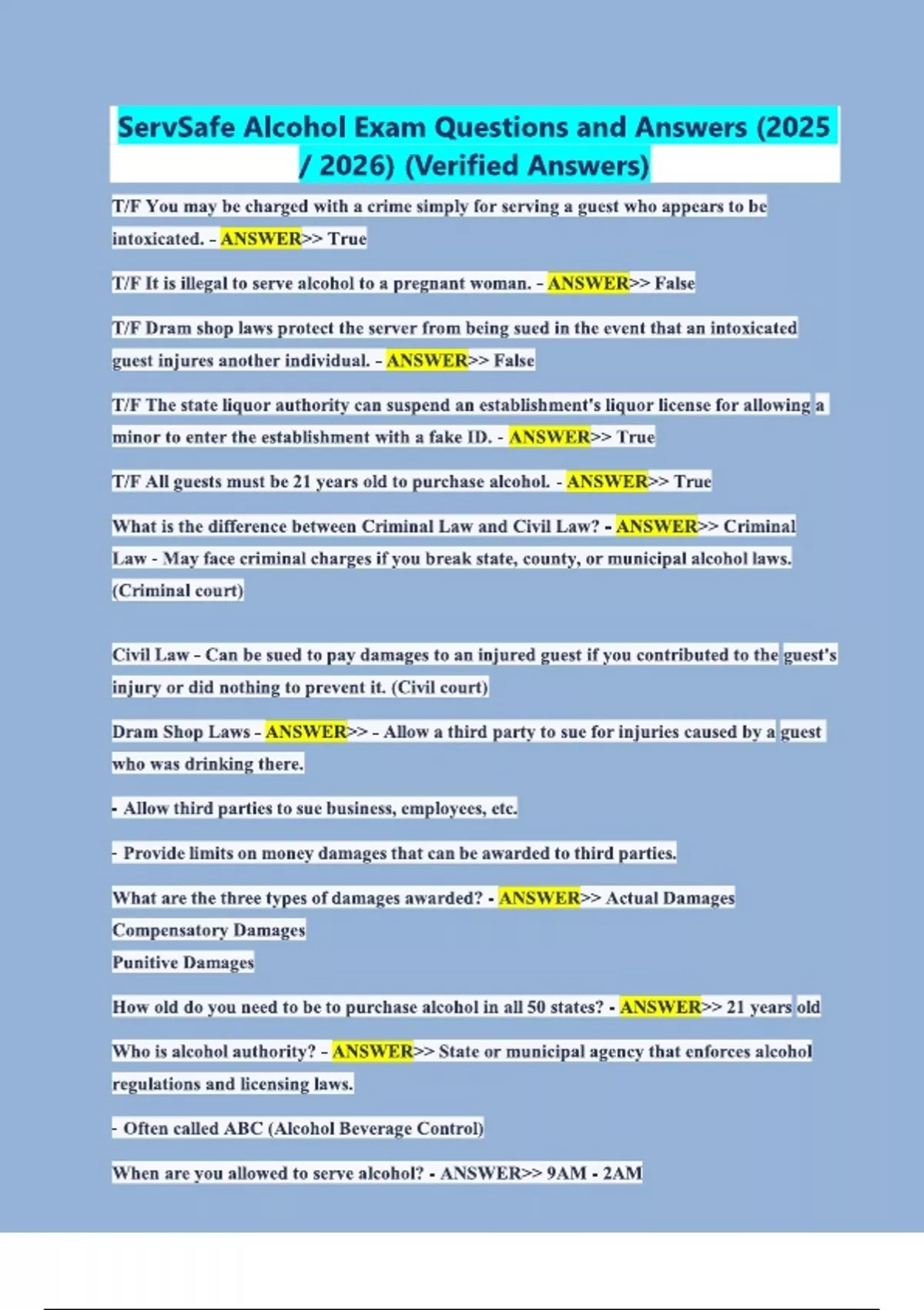 ServSafe Alcohol Exam Questions and Answers (2025 / 2026) (Verified ...