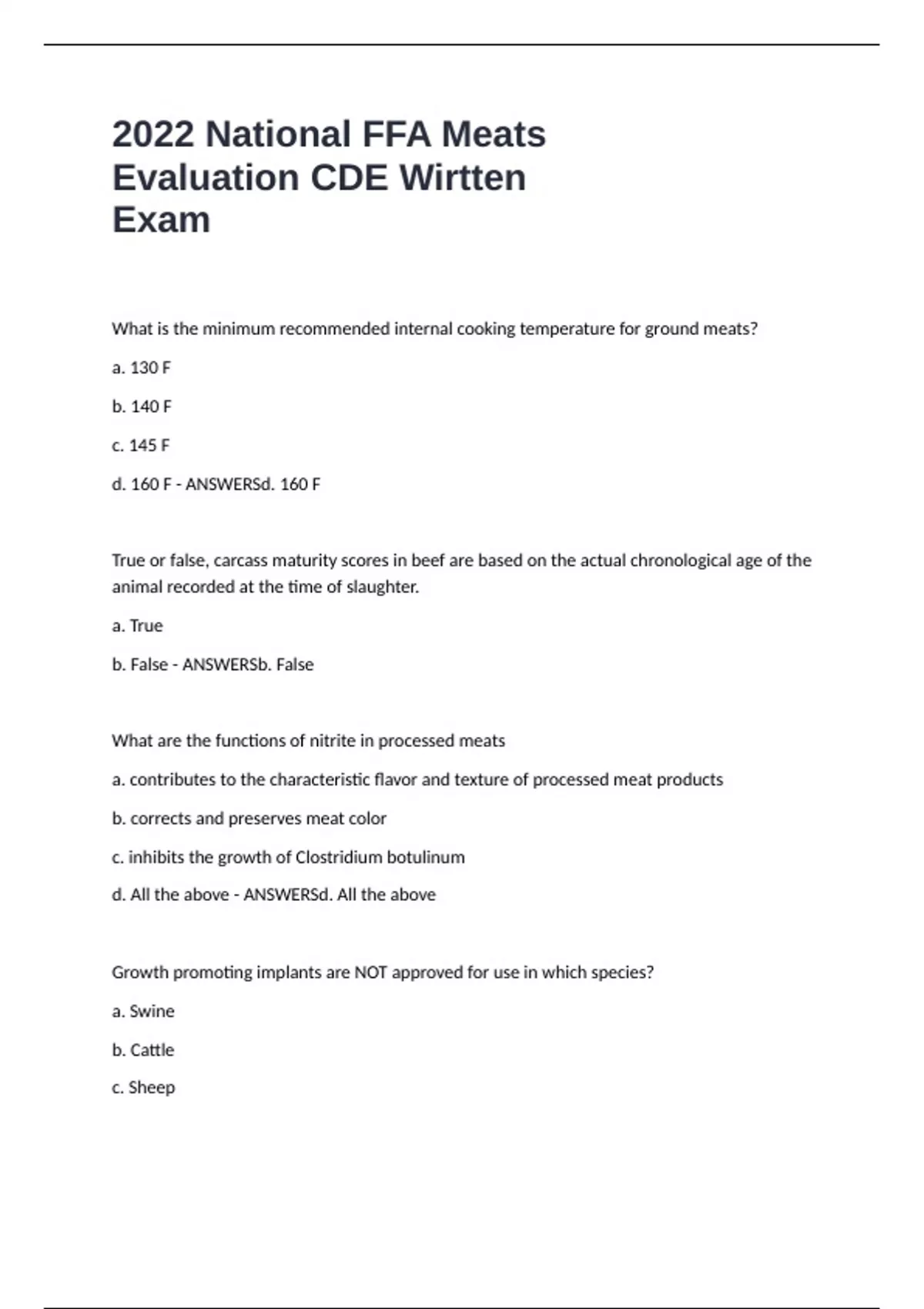 2022 National FFA Meats Evaluation CDE Wirtten Exam - 2022 National FFA ...