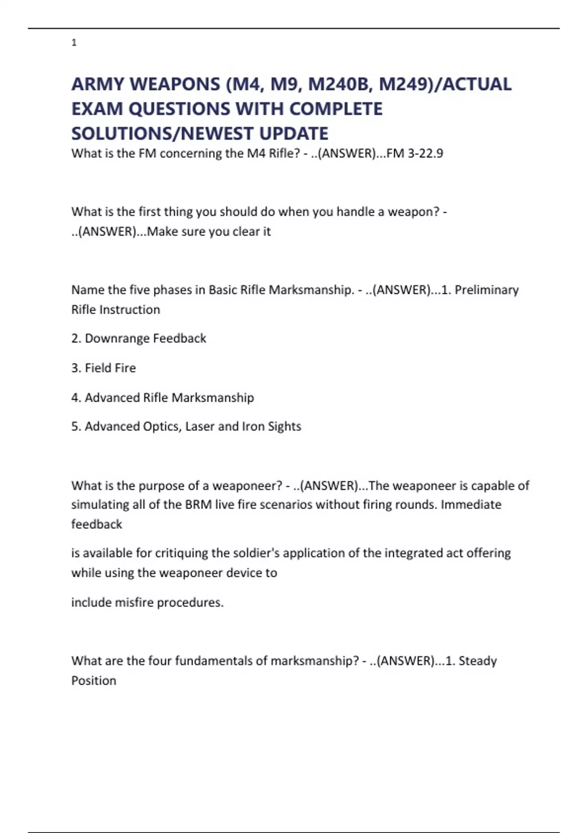 ARMY WEAPONS (M4, M9, M240B, M249)/ACTUAL EXAM QUESTIONS WITH COMPLETE ...