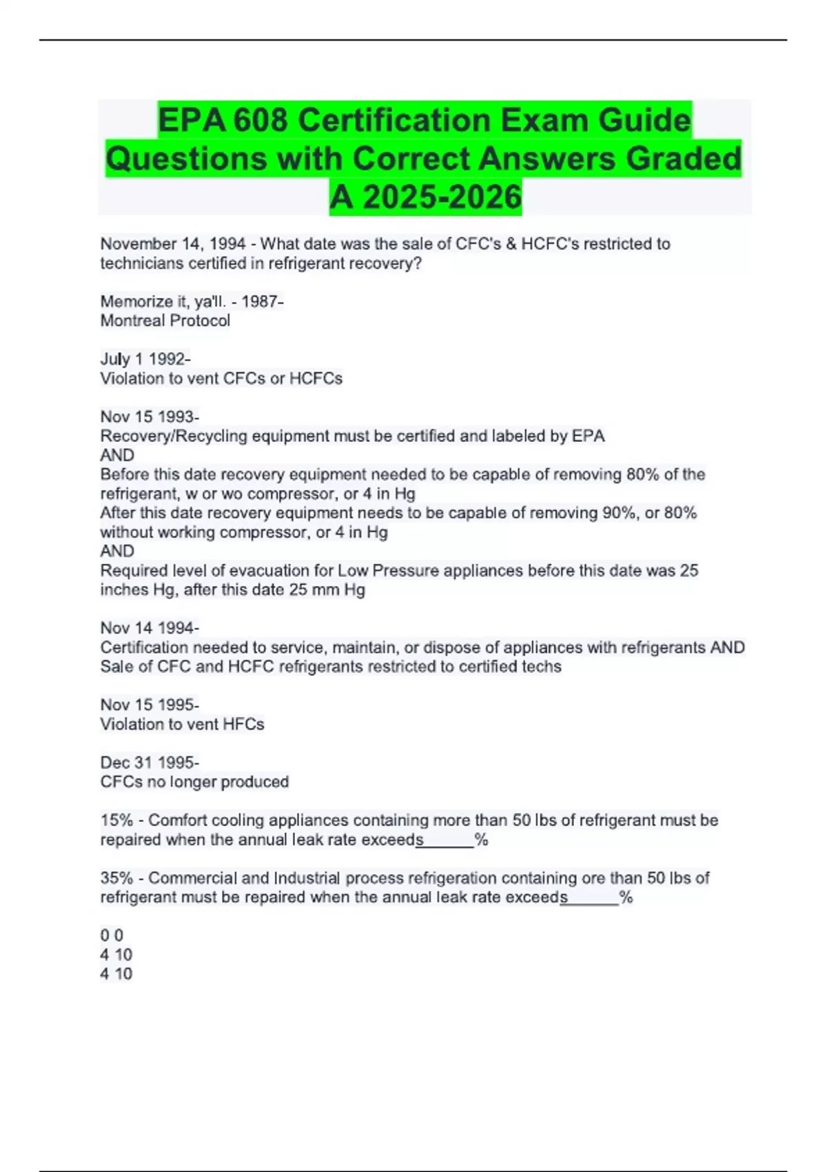 EPA 608 Certification Exam Guide Questions with Correct Answers Graded ...