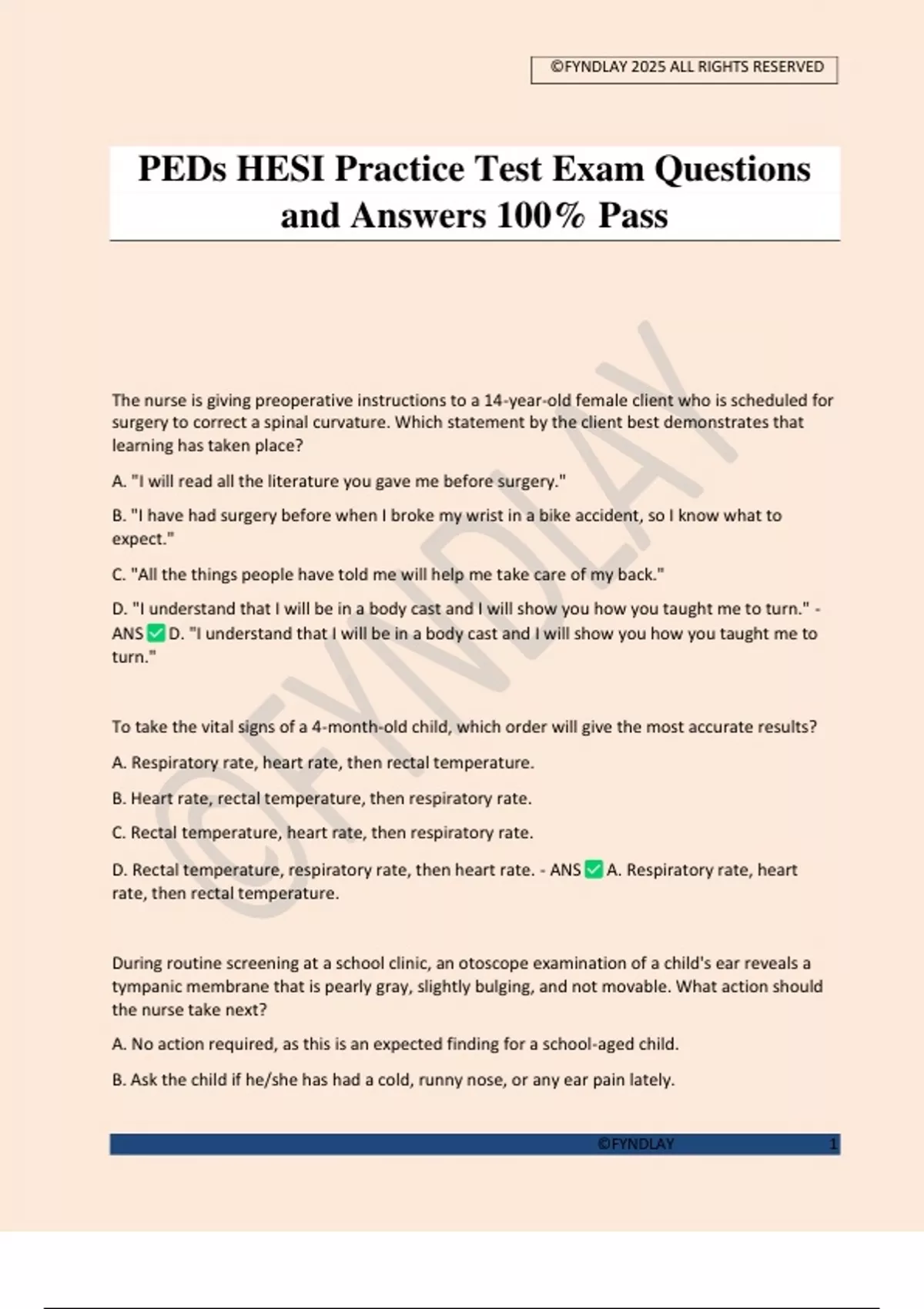 PEDs HESI Practice Test Exam Questions and Answers 100% Pass ...