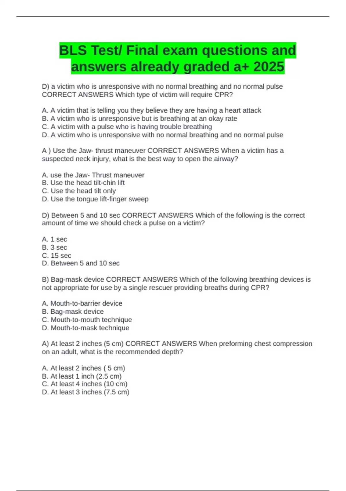 BLS Test/ Final exam questions and answers already graded a+ 2025 ...