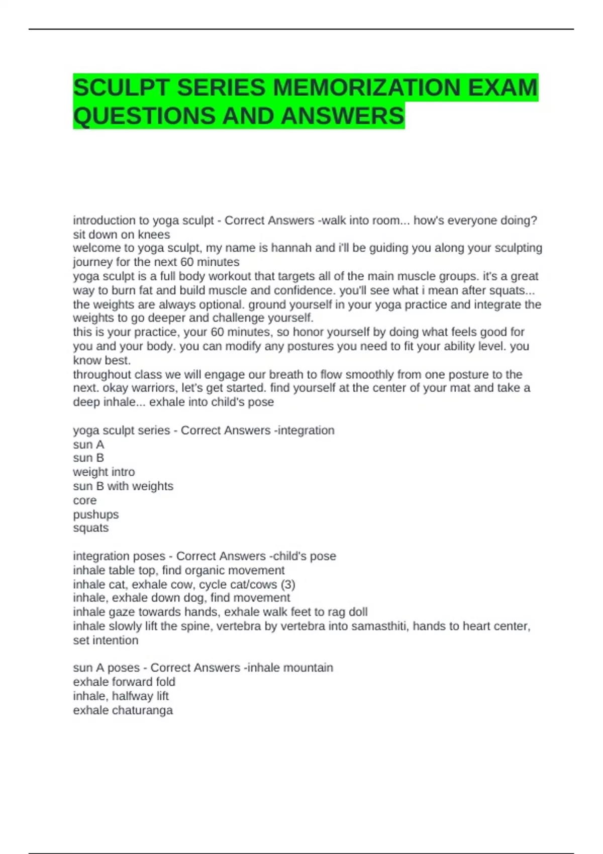 SCULPT SERIES MEMORIZATION EXAM QUESTIONS AND ANSWERS - Corepower yoga ...