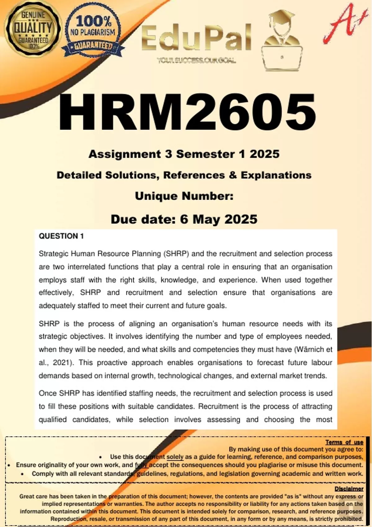 HRM2605 Assignment 3 (COMPLETE GUIDELINE) Semester 1 2025 - DUE 6 May 2025 - Human Resource ...