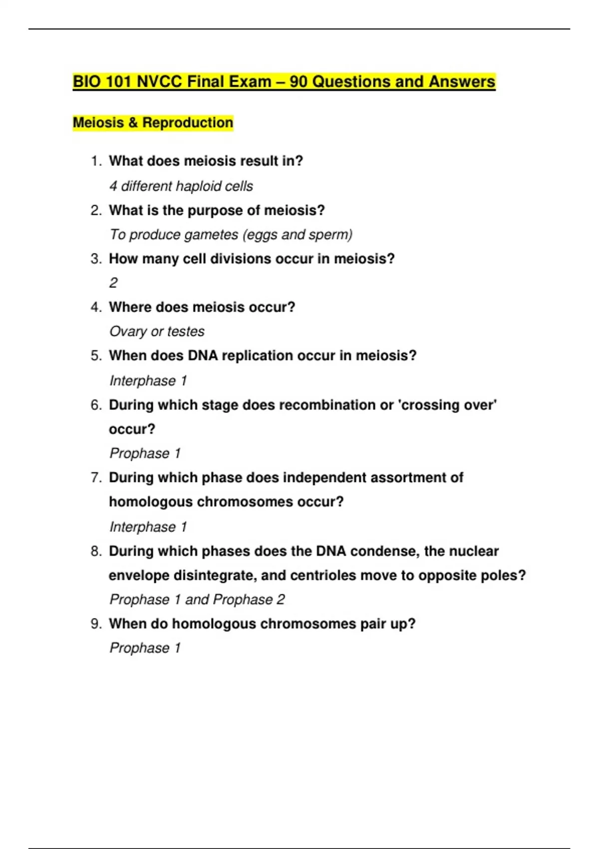 BIO 101 – NVCC – Final Exam Q&A Guide (90 Questions, 2024) – Meiosis, Genetics, DNA, and More ...