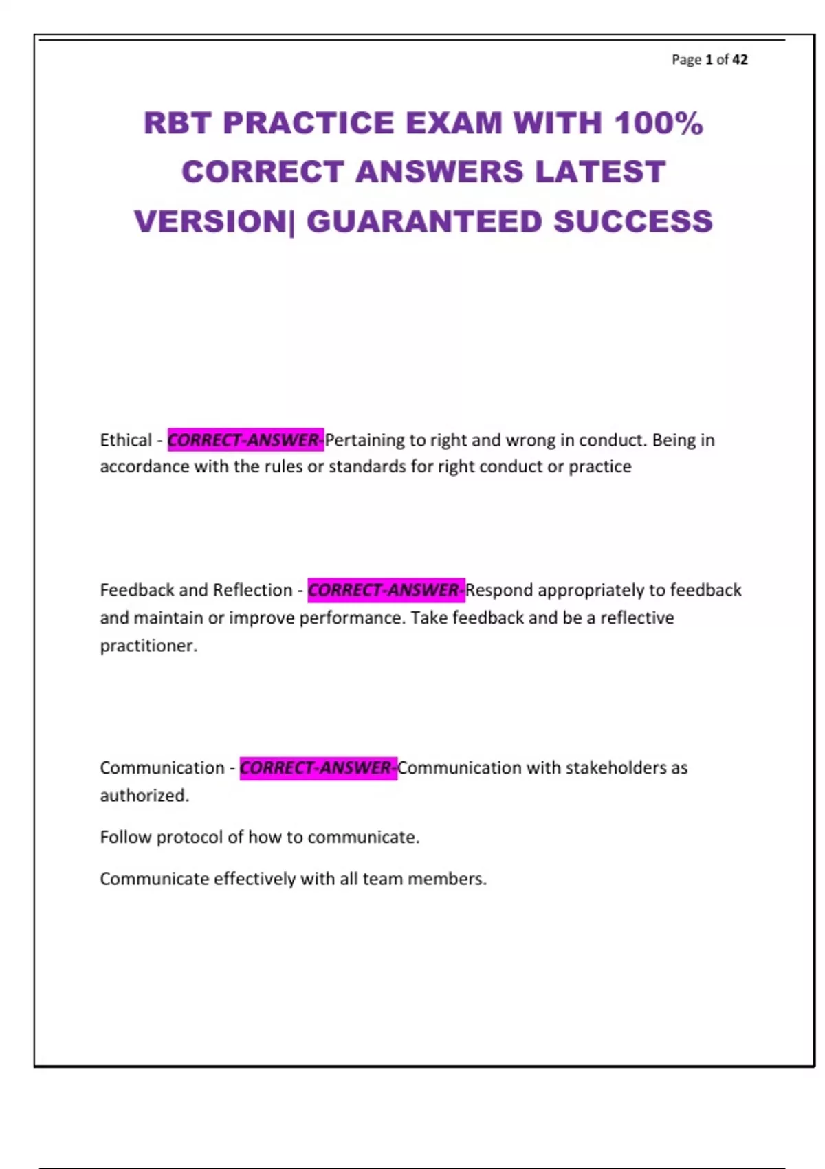 RBT PRACTICE EXAM WITH 100% CORRECT ANSWERS LATEST VERSION| GUARANTEED ...