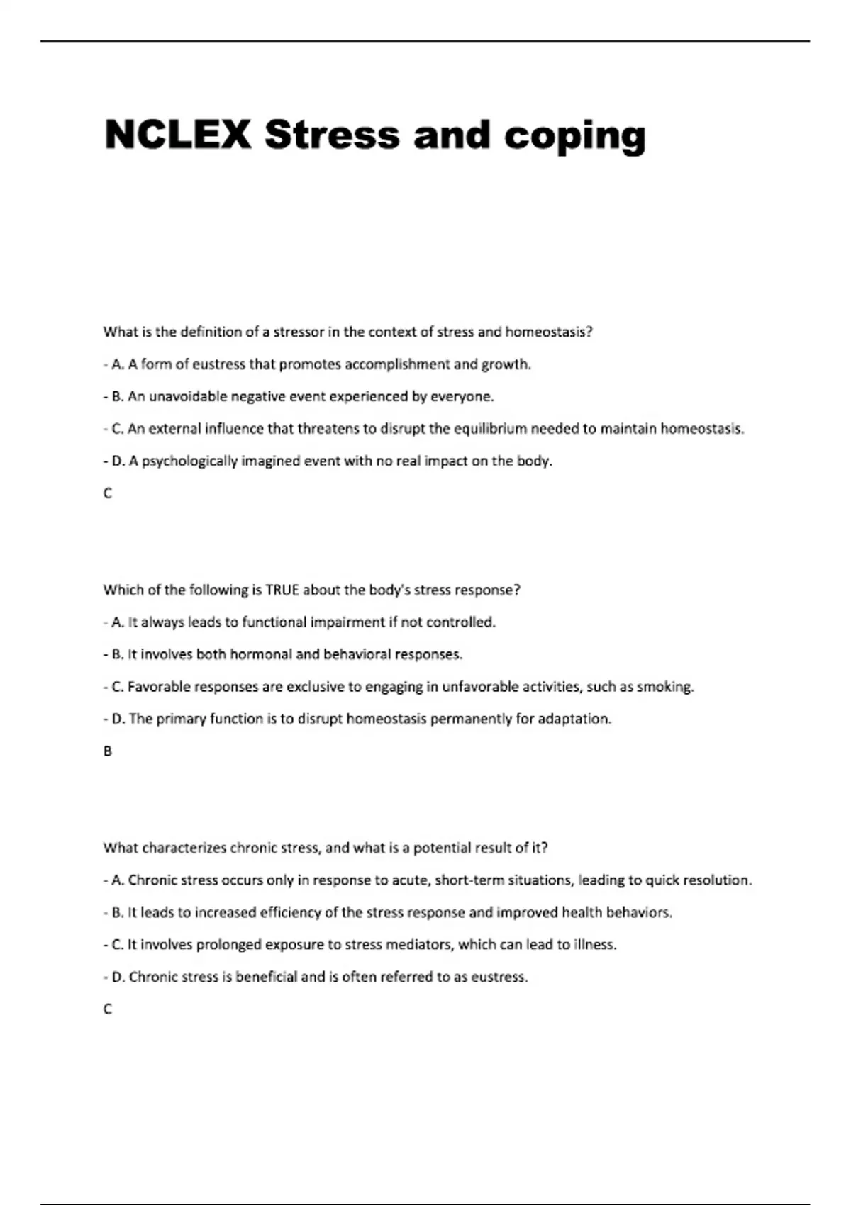 NCLEX Stress and coping Questions with 100% Actual correct answers ...